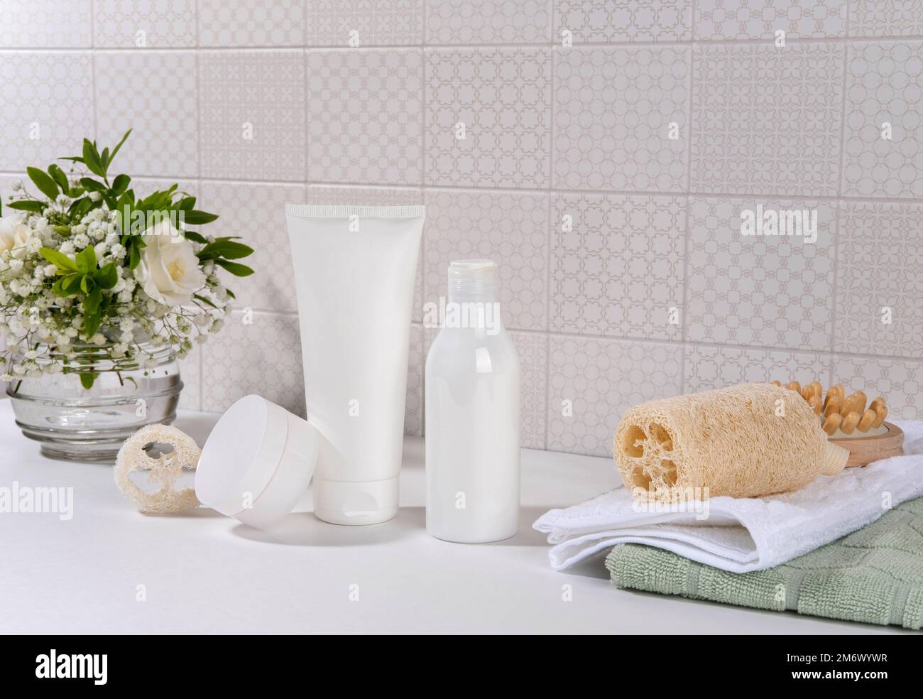 Natural cosmetics, skin care product on table in bathroom. Blank ...