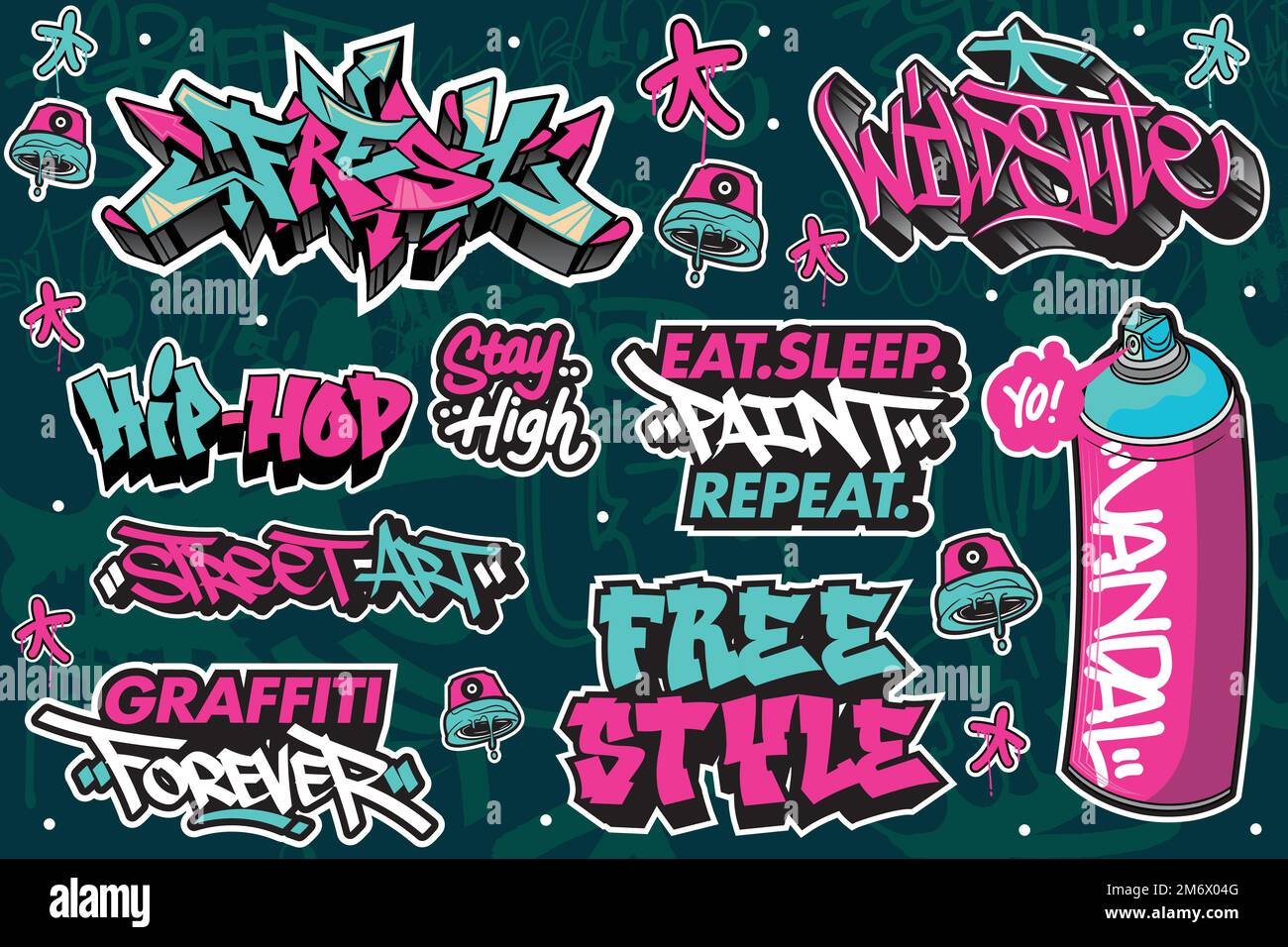 A set of colorful graffiti art sticker designs. Cool urban street art ...