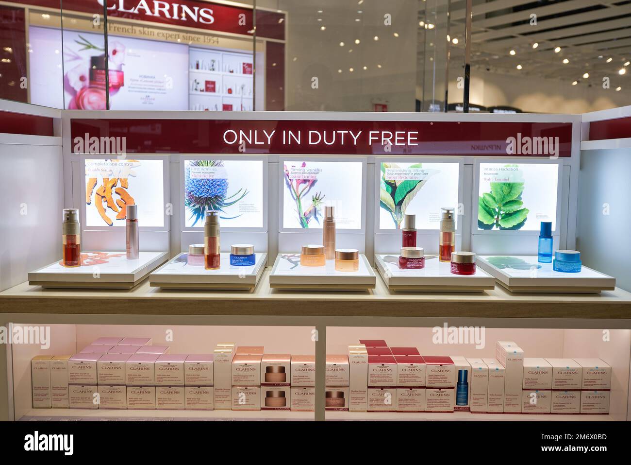MOSCOW, RUSSIA - CIRCA DECEMBER, 2019: Clarins personal care products ...