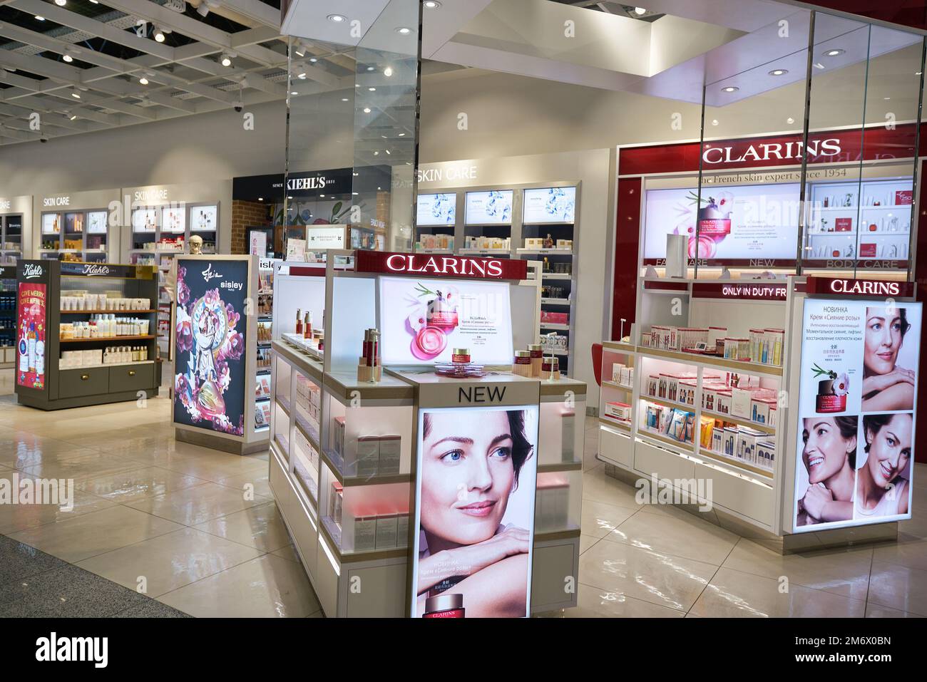 MOSCOW, RUSSIA - CIRCA DECEMBER, 2019: Clarins personal care products ...