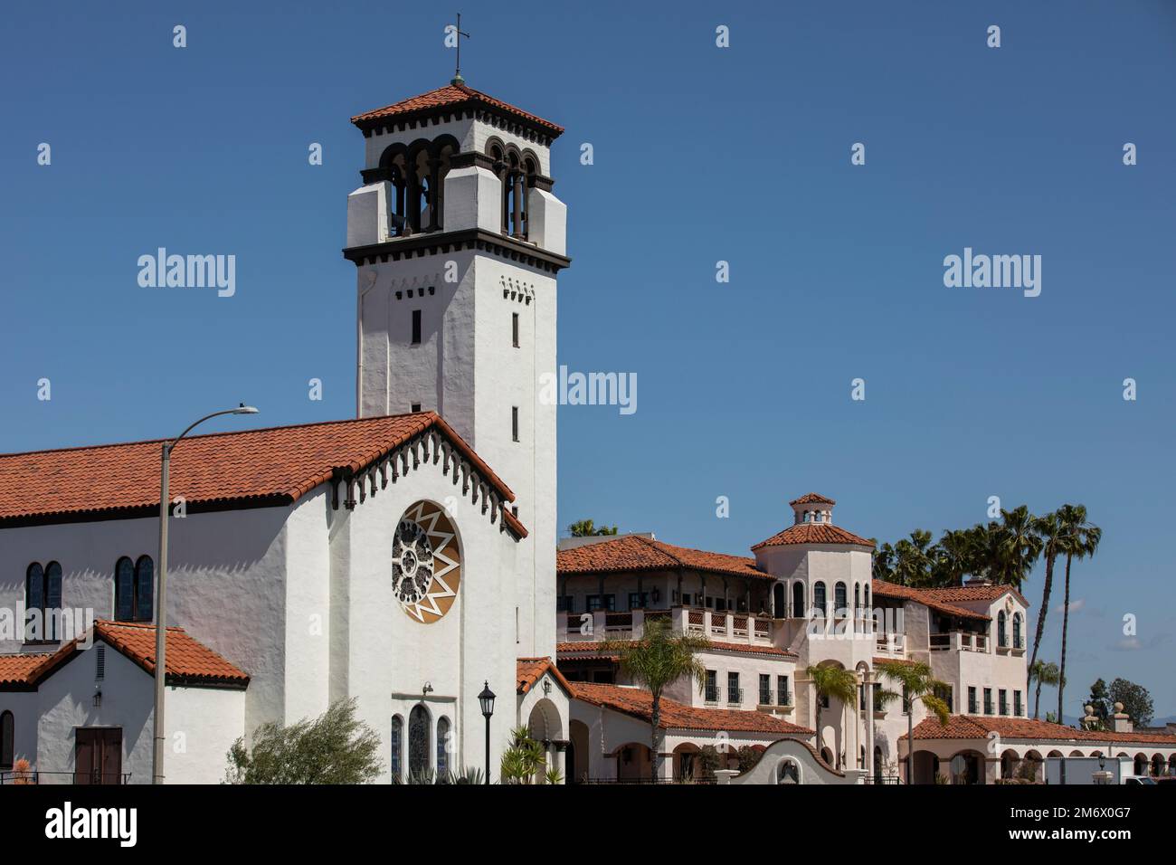 Daytime view of a historic church in the urban core of Costa Mesa ...