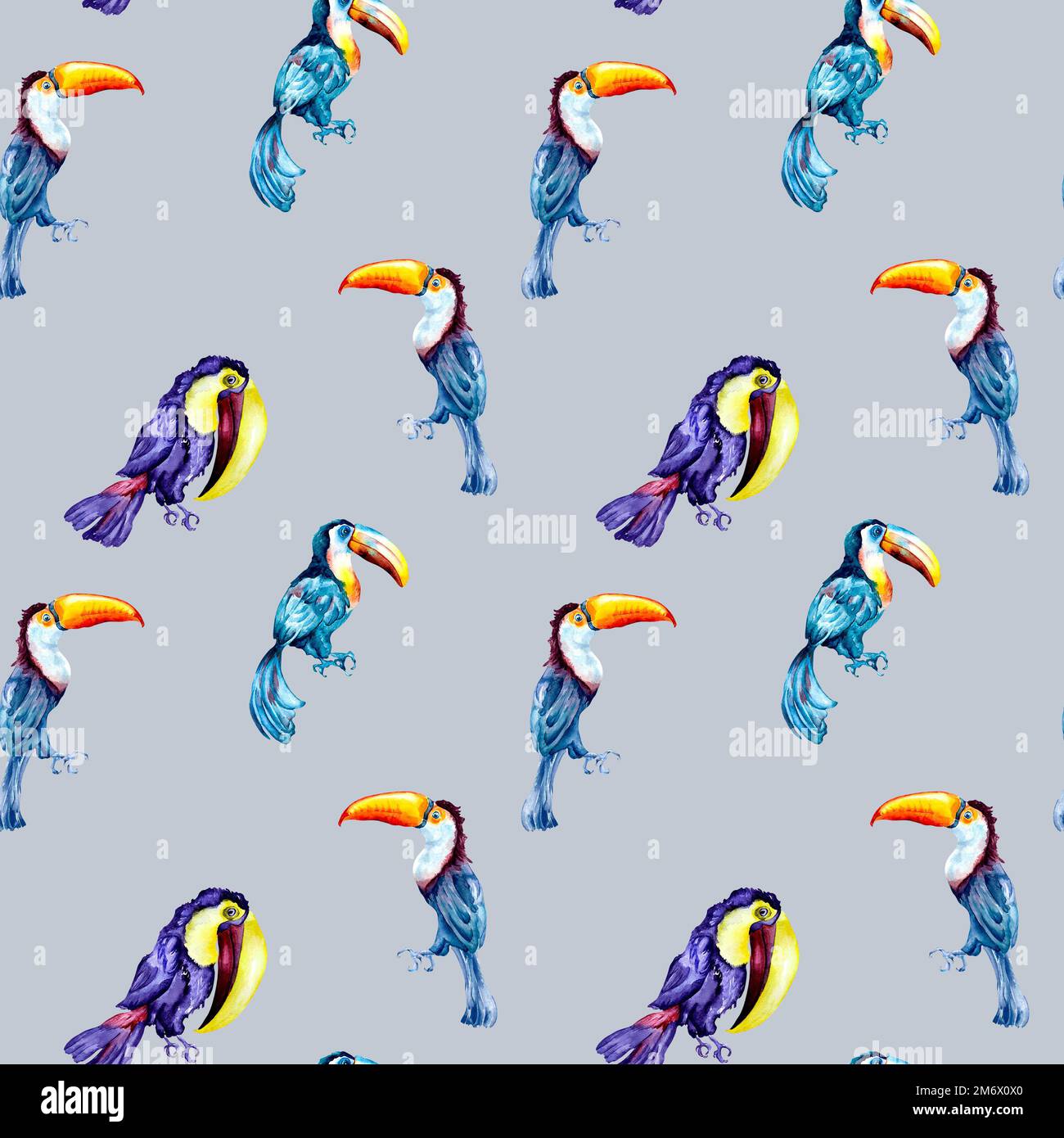 Toucans, exotic tropical birds watercolor seamless pattern on blue ...