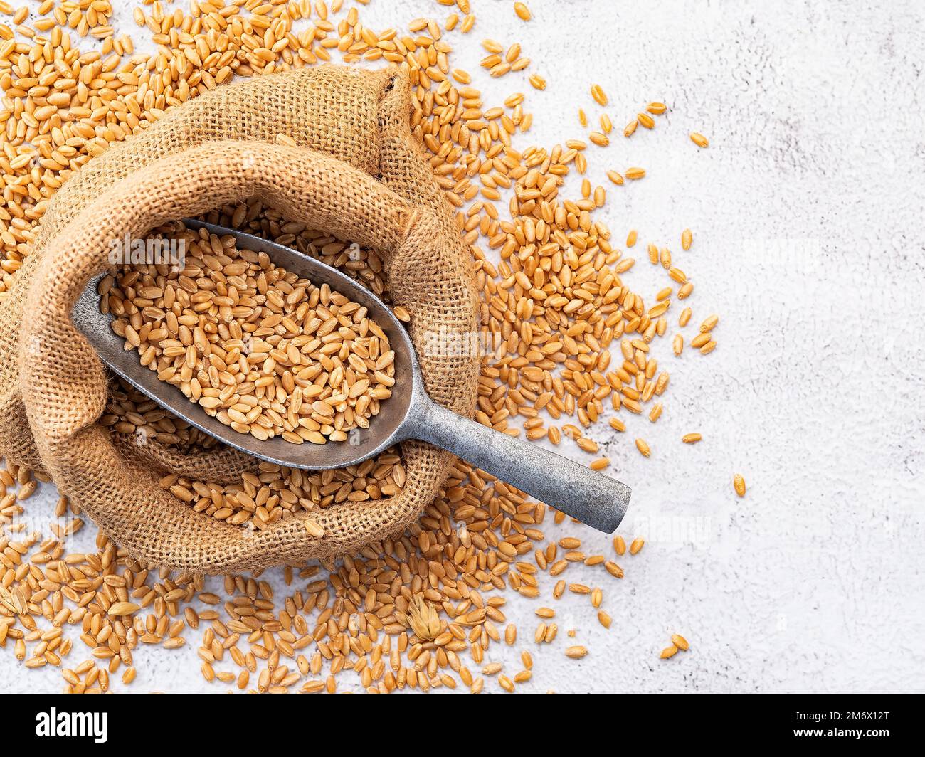 Wheat ears and wheat grains set up on white stone background Stock ...