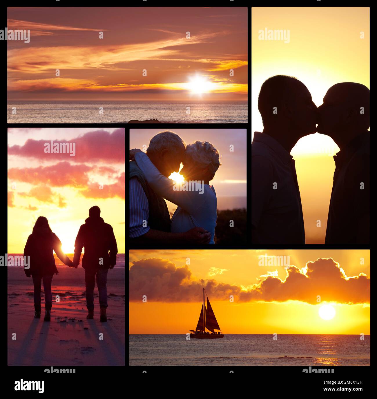 Sunset romance. Composite image of couples at the beach at dusk Stock ...