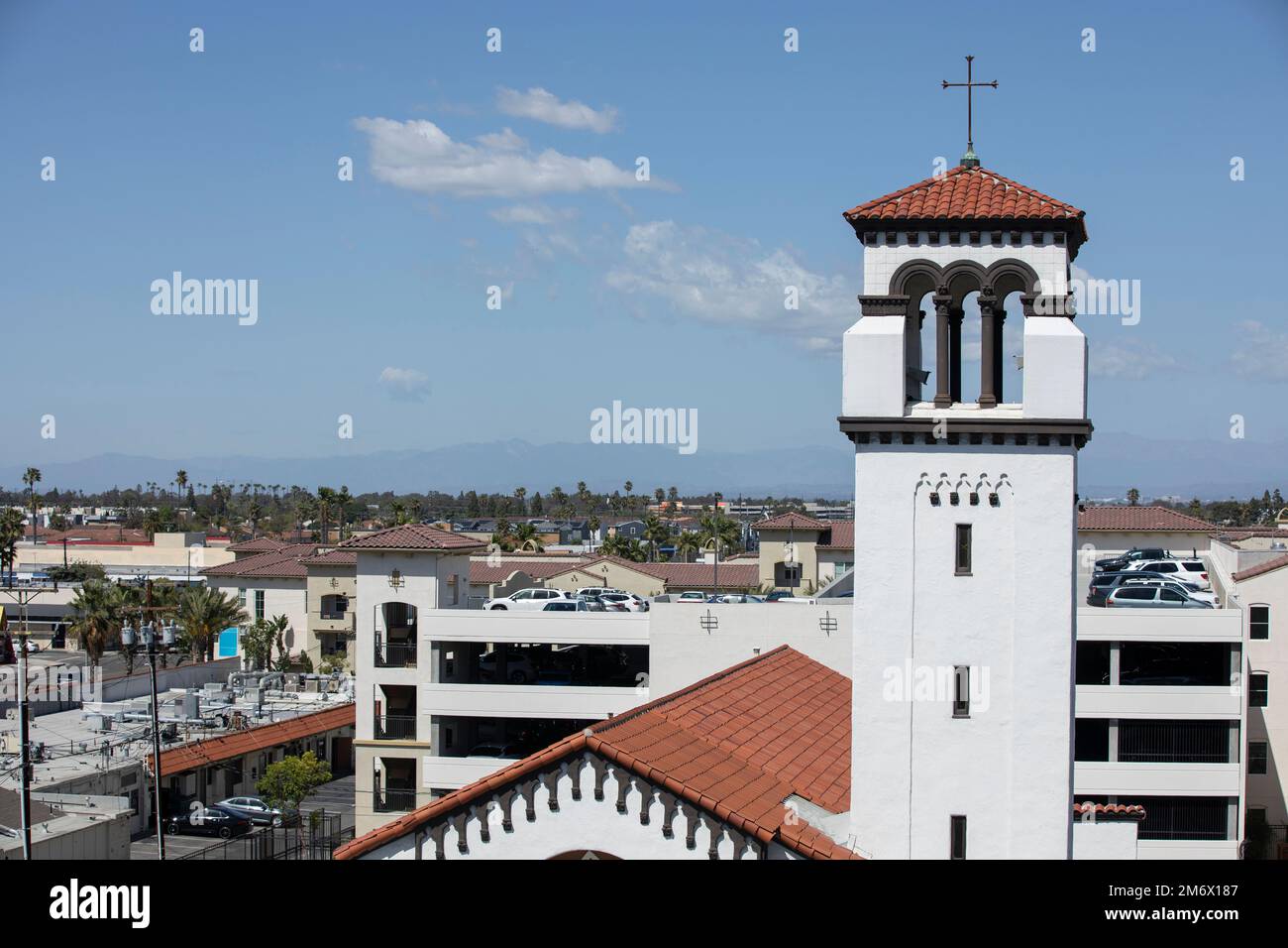 Daytime view of a historic church in the urban core of Costa Mesa ...