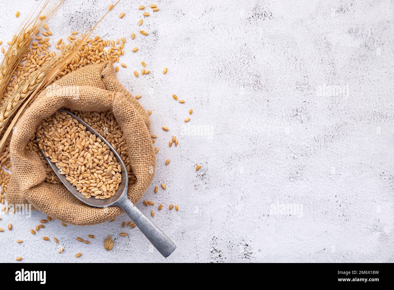 Wheat ears and wheat grains set up on white stone background Stock ...