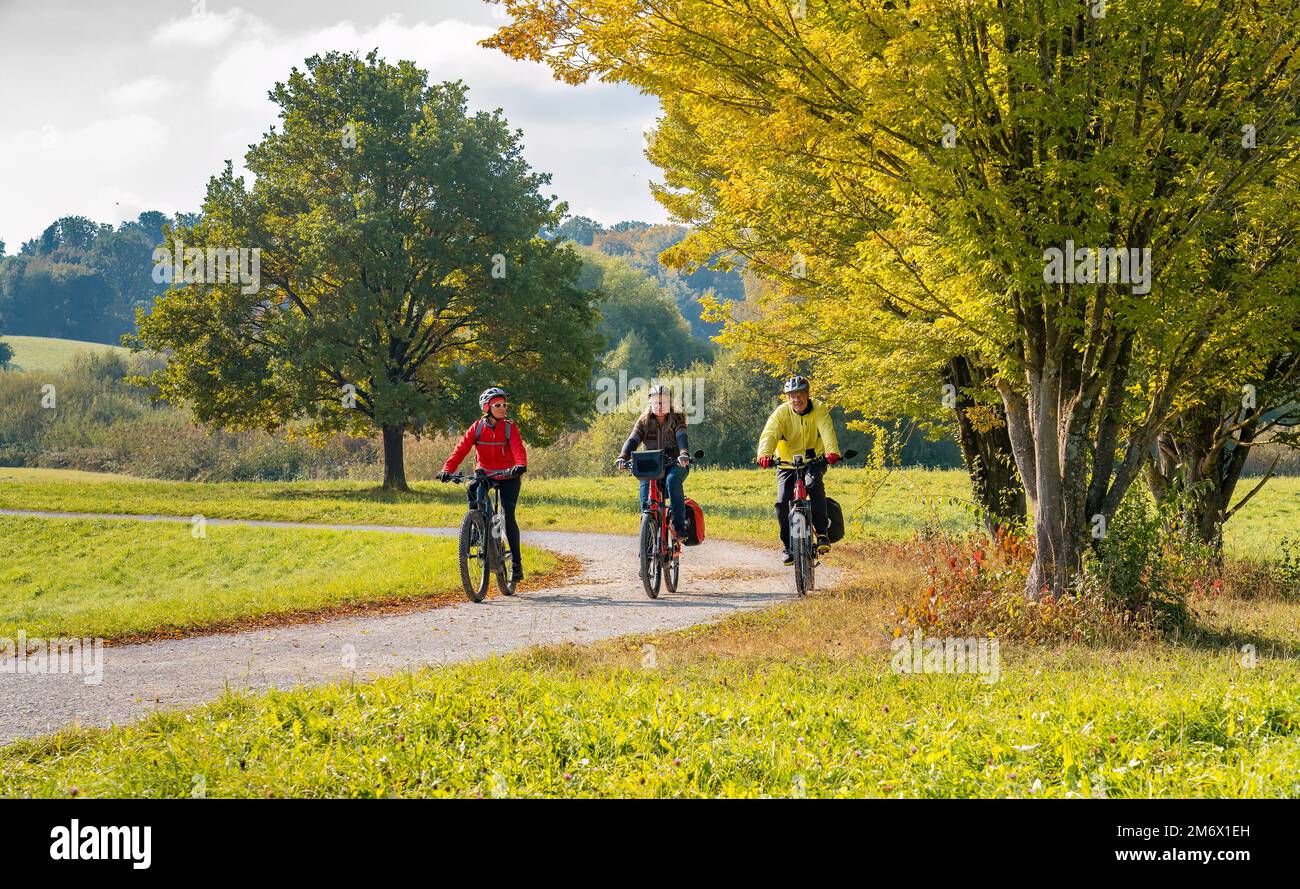Happy seniors cycling in fall with electric bikes Stock Photo - Alamy