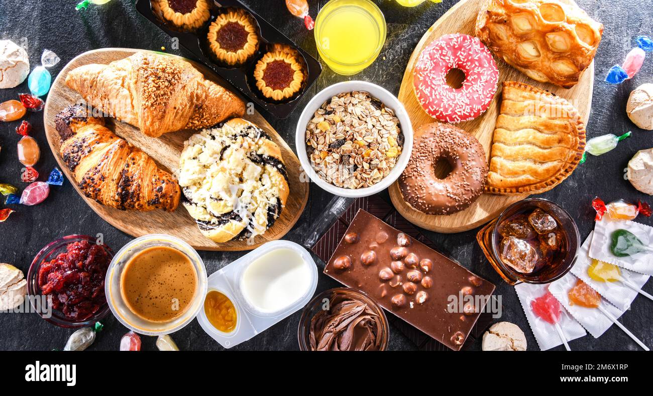 Food products containing a significant amount of sugar. Junk food Stock ...