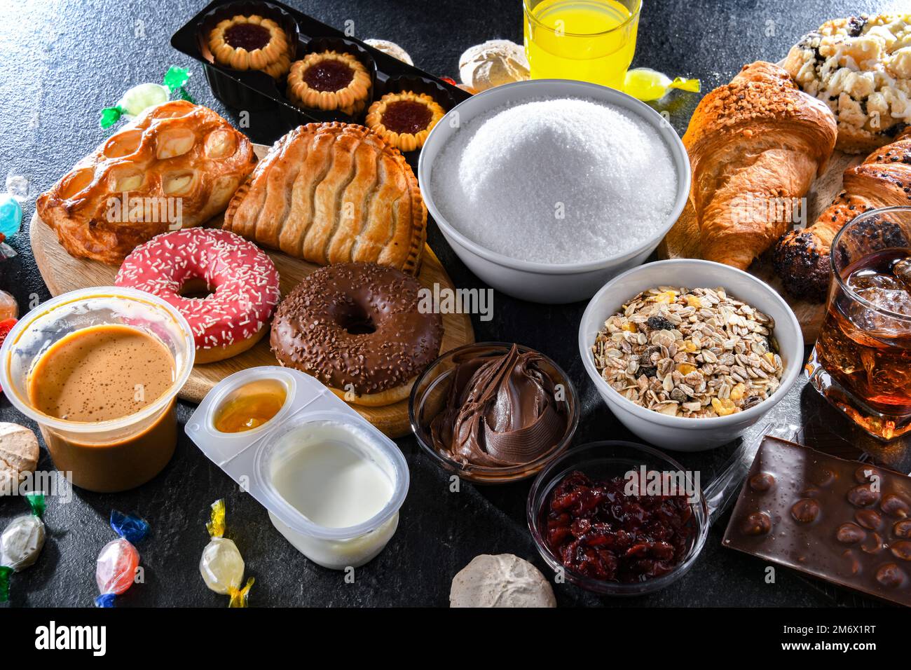 Food products containing a significant amount of sugar. Junk food Stock ...