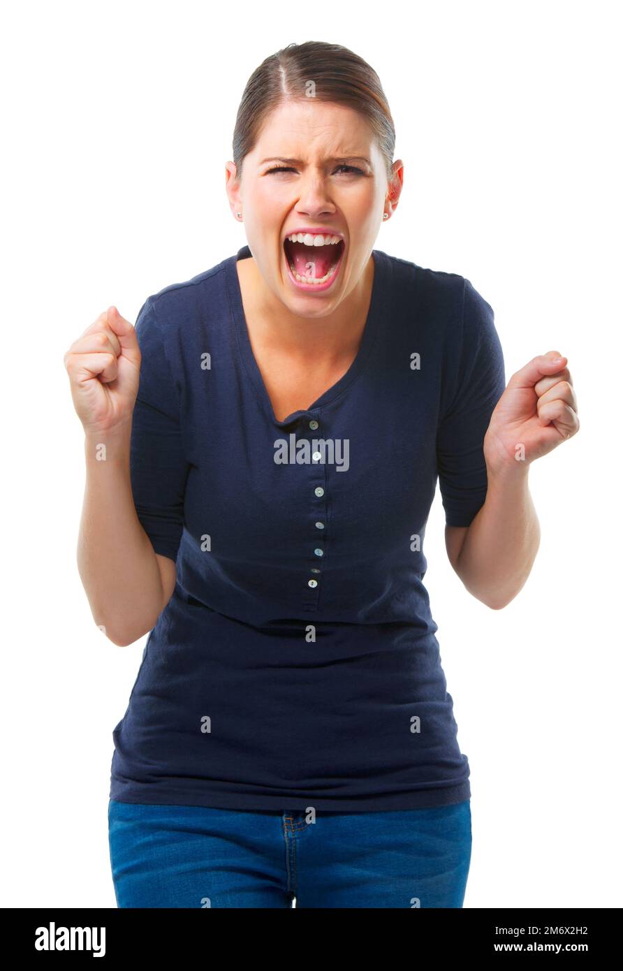 Aaaaaaaaaah. Studio shot of a young woman screaming against a white ...