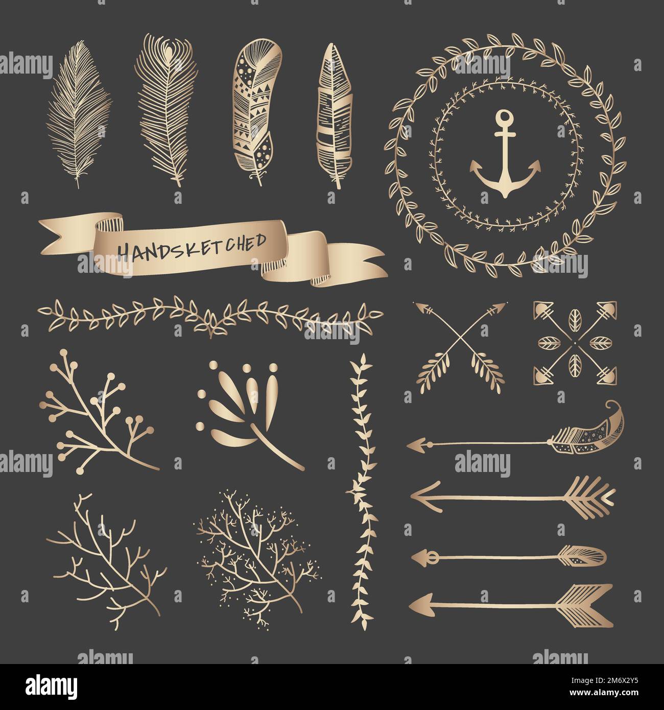Rose gold hand sketched badges and banners ornaments vector set Stock ...