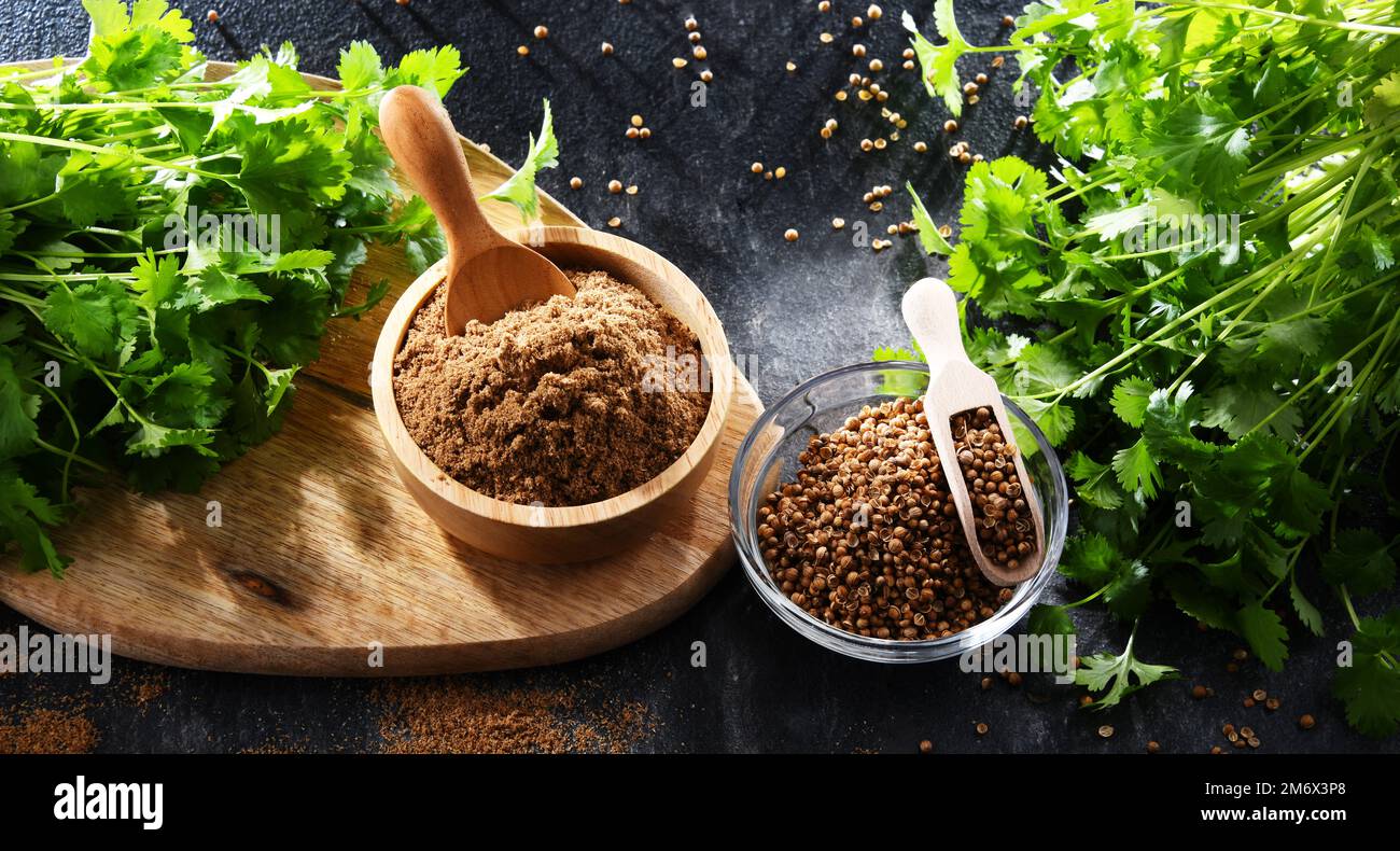 Composition with ground coriander Stock Photo - Alamy
