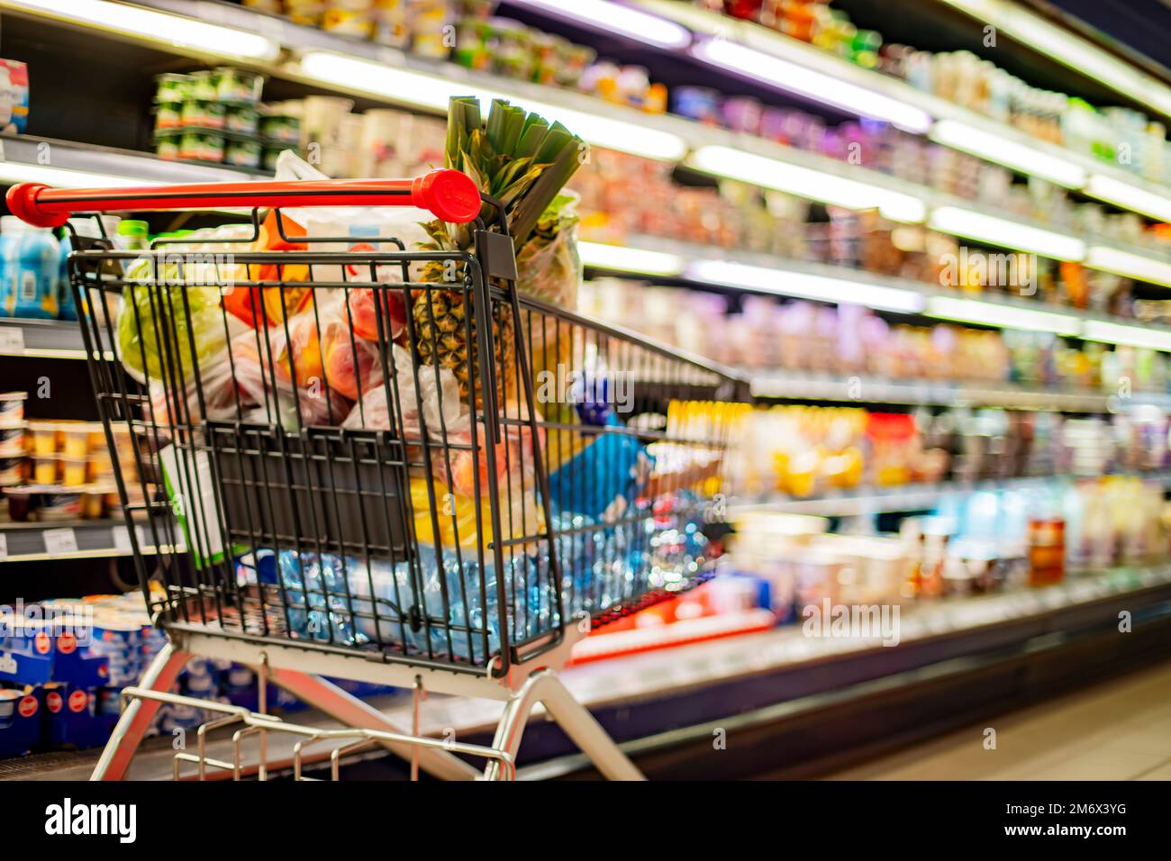 A shopping cart with grocery products in a supermarket Stock Photo - Alamy