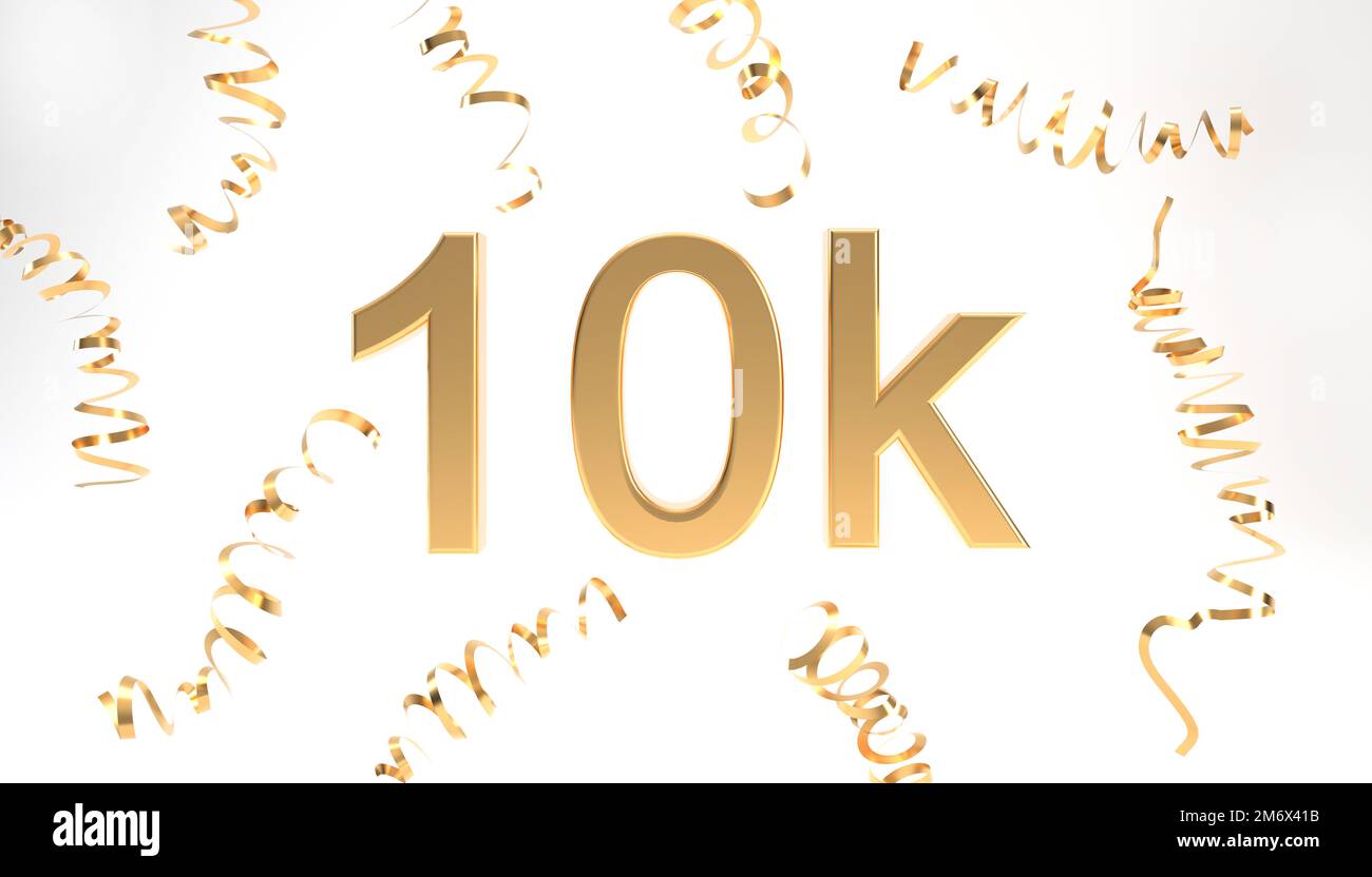10k followers symbol with confetti 3d rendering. Gold 10k 3d number ...