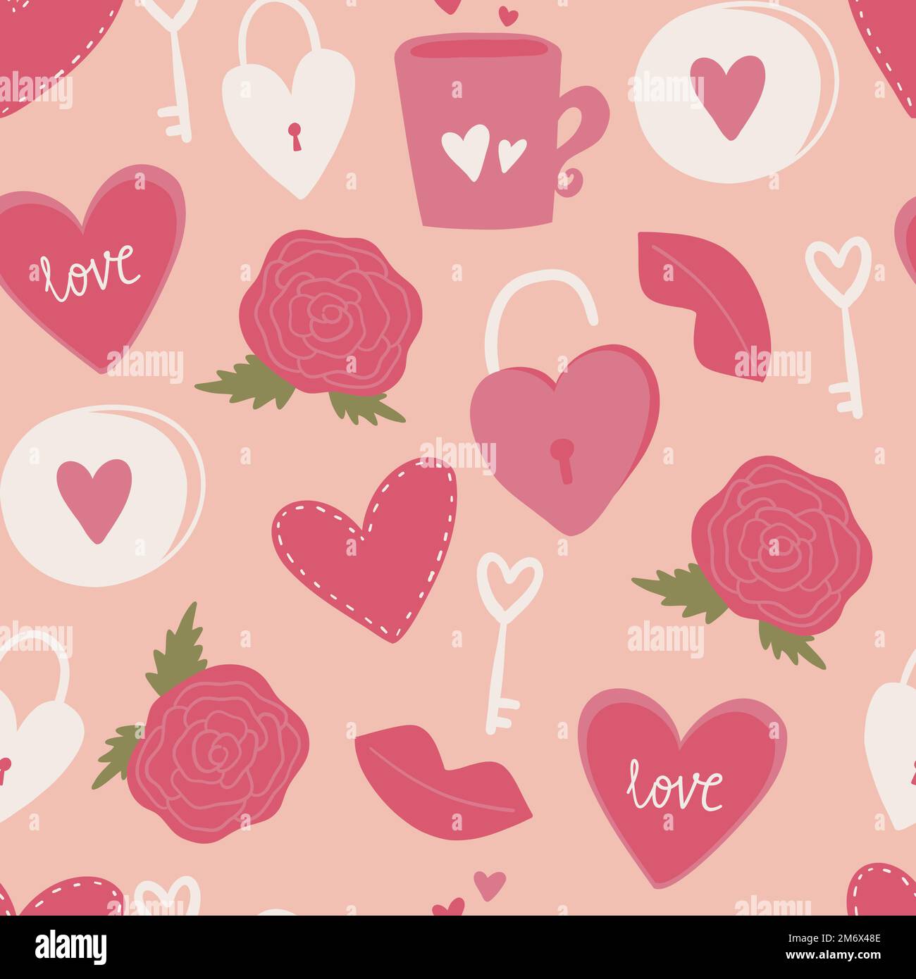 Seamless pattern with red hearts, declarations of love and more ...