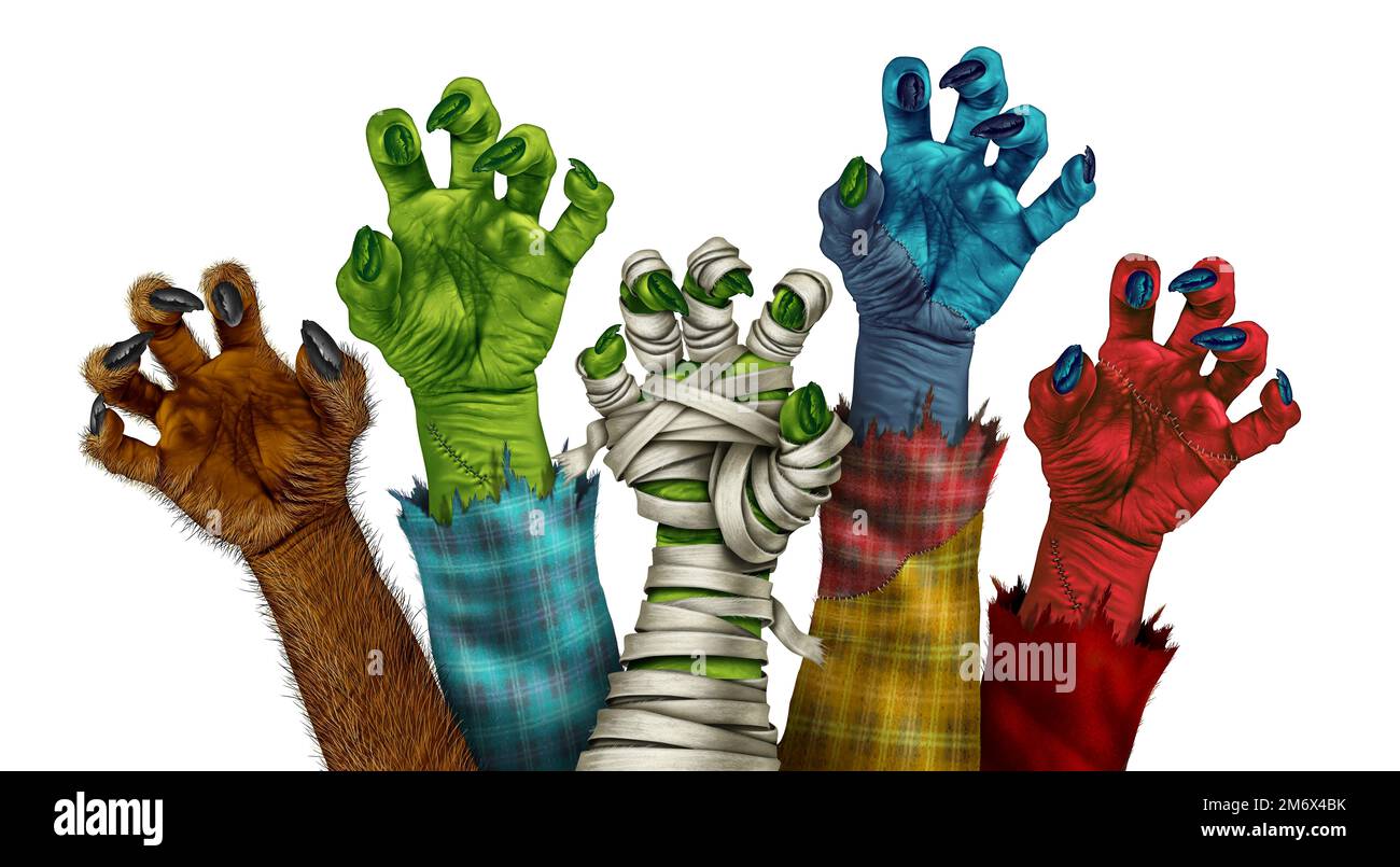 Monster Zombie hands group as creepy werewolf or vampire and red demon ...