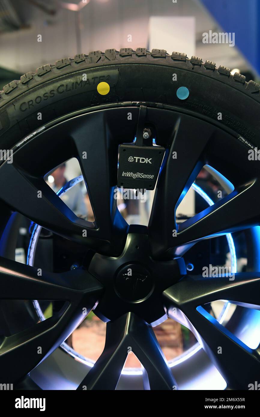 Las Vegas, USA. 05th Jan, 2023. A TDK InWheelSense smart tire sensor is ...