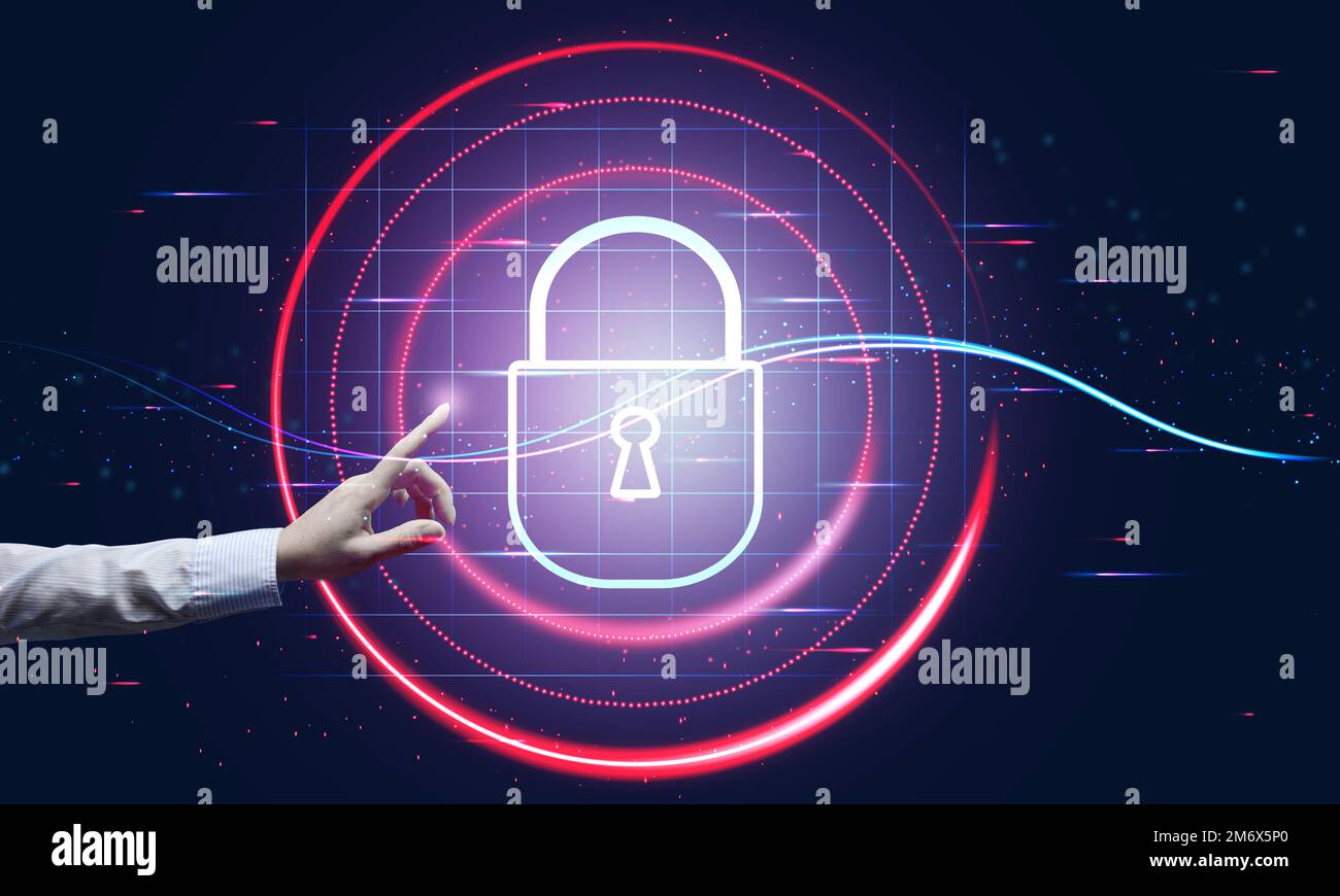 A woman's hand touches a virtual screen with a padlock. Protecting ...