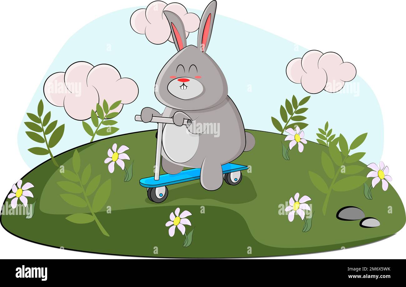 cute bunny bought a scooter and decided to ride in the meadow Stock ...