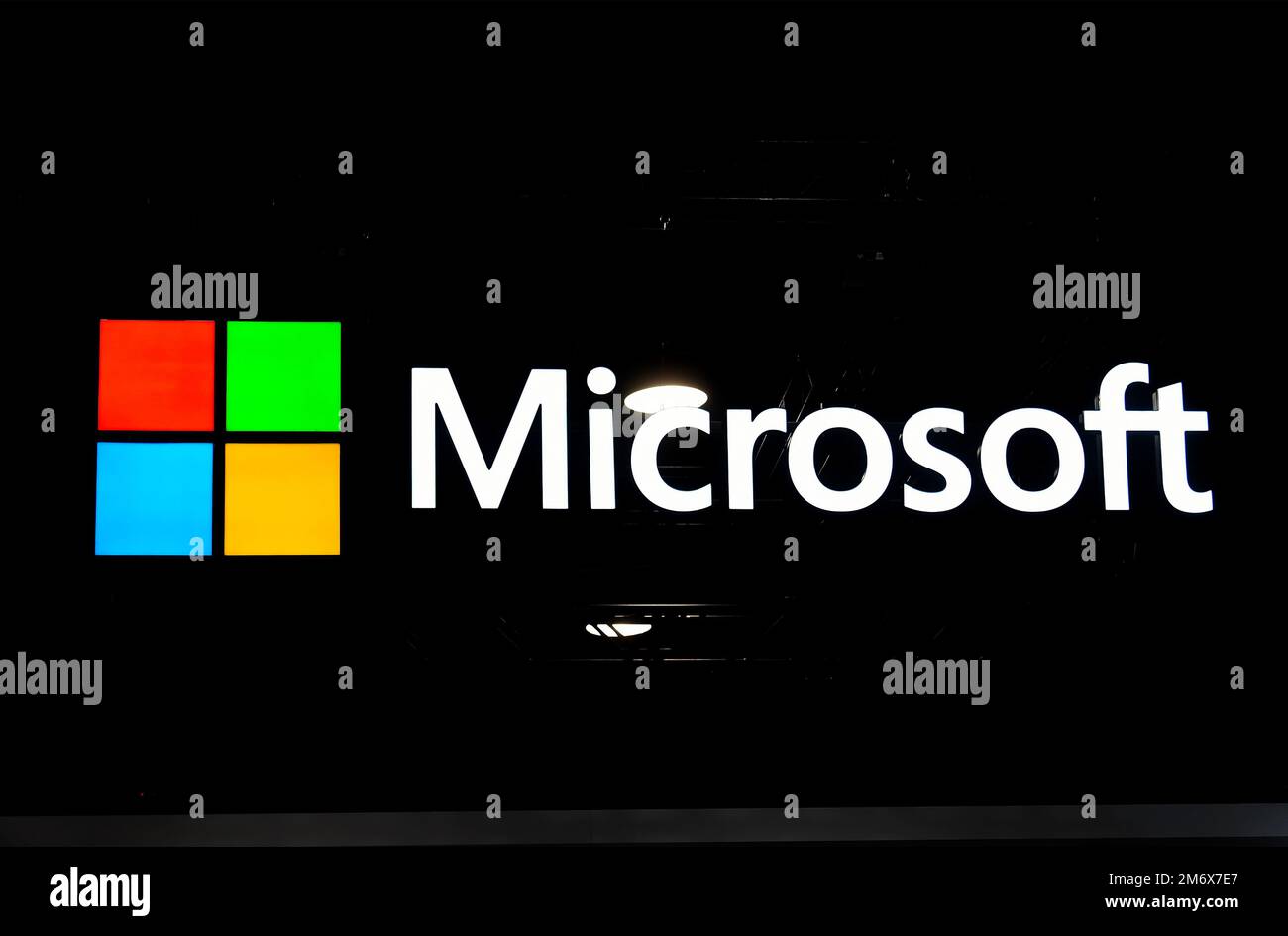 Las Vegas, NV on January 5, 2023. A Microsoft sign is displayed during ...