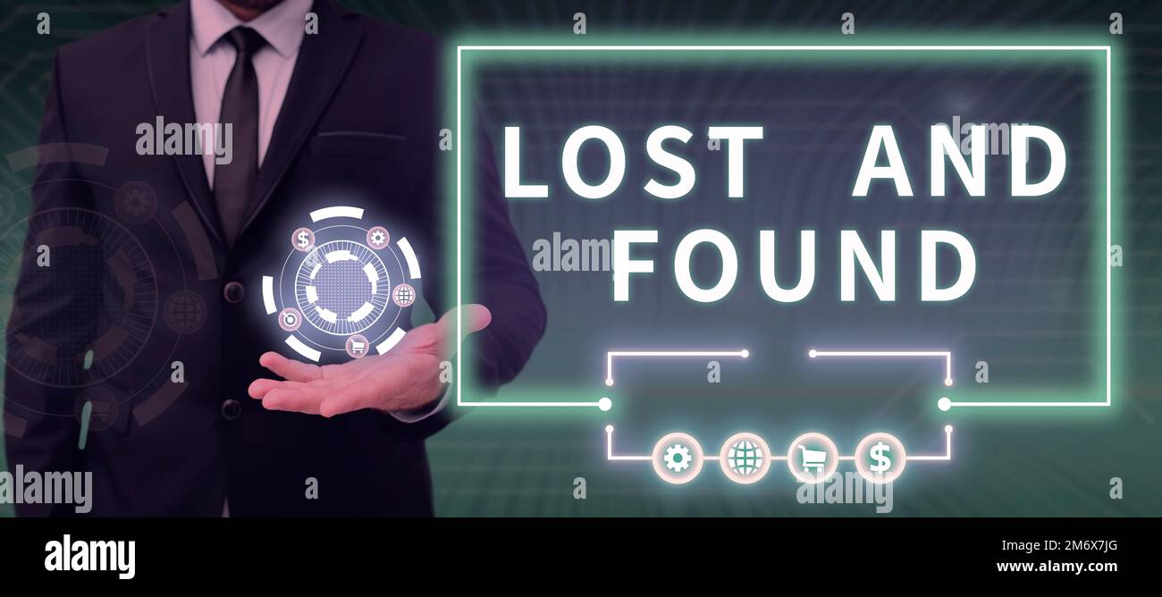 Conceptual caption Lost And Found. Concept meaning Place where you can ...