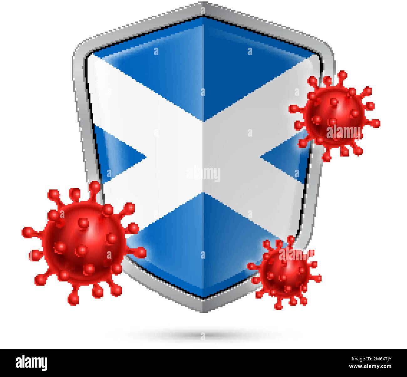 Flag of Scotland on Metal Shiny Shield Icon and Red Corona Virus Cells ...