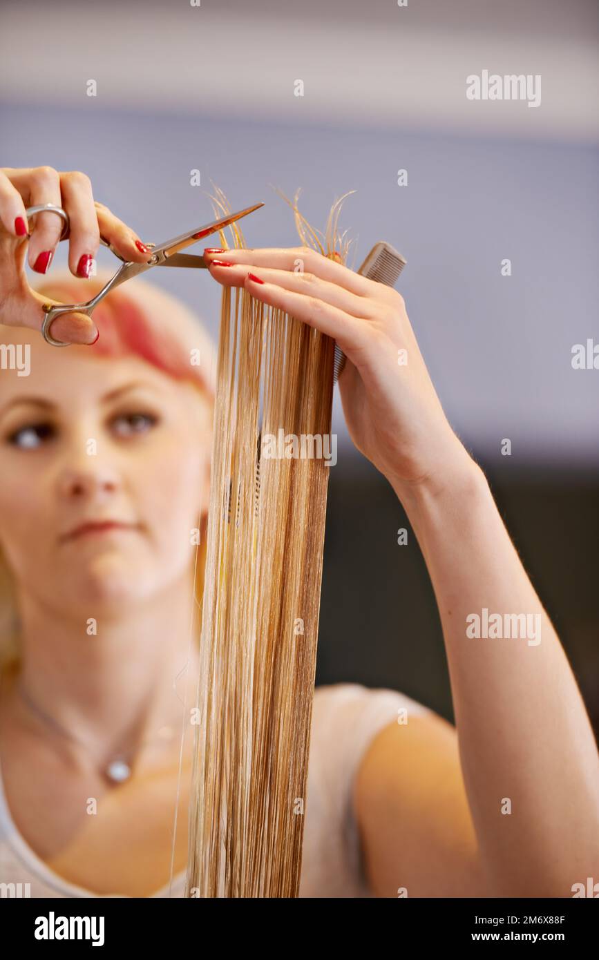 Taking care of split-ends. a female hairdresser cutting a clients hair ...