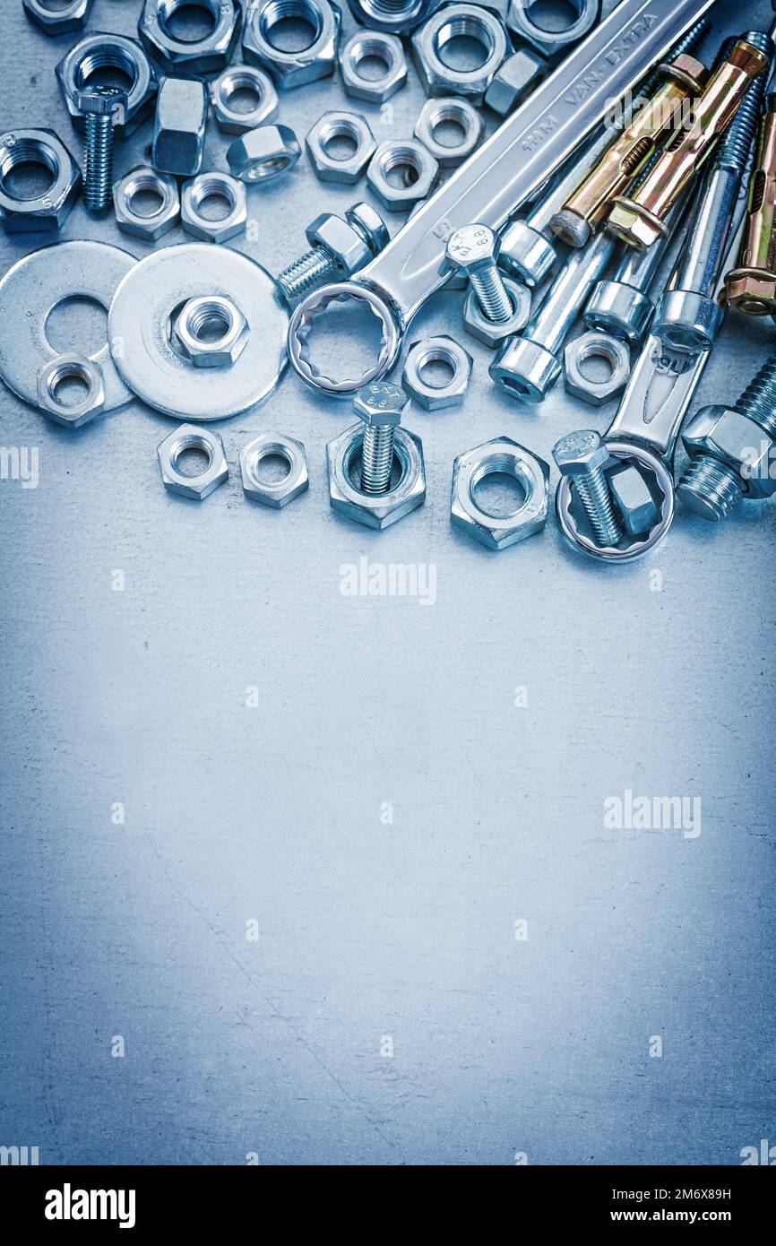 Big group of stainless objects on metallic background construction ...