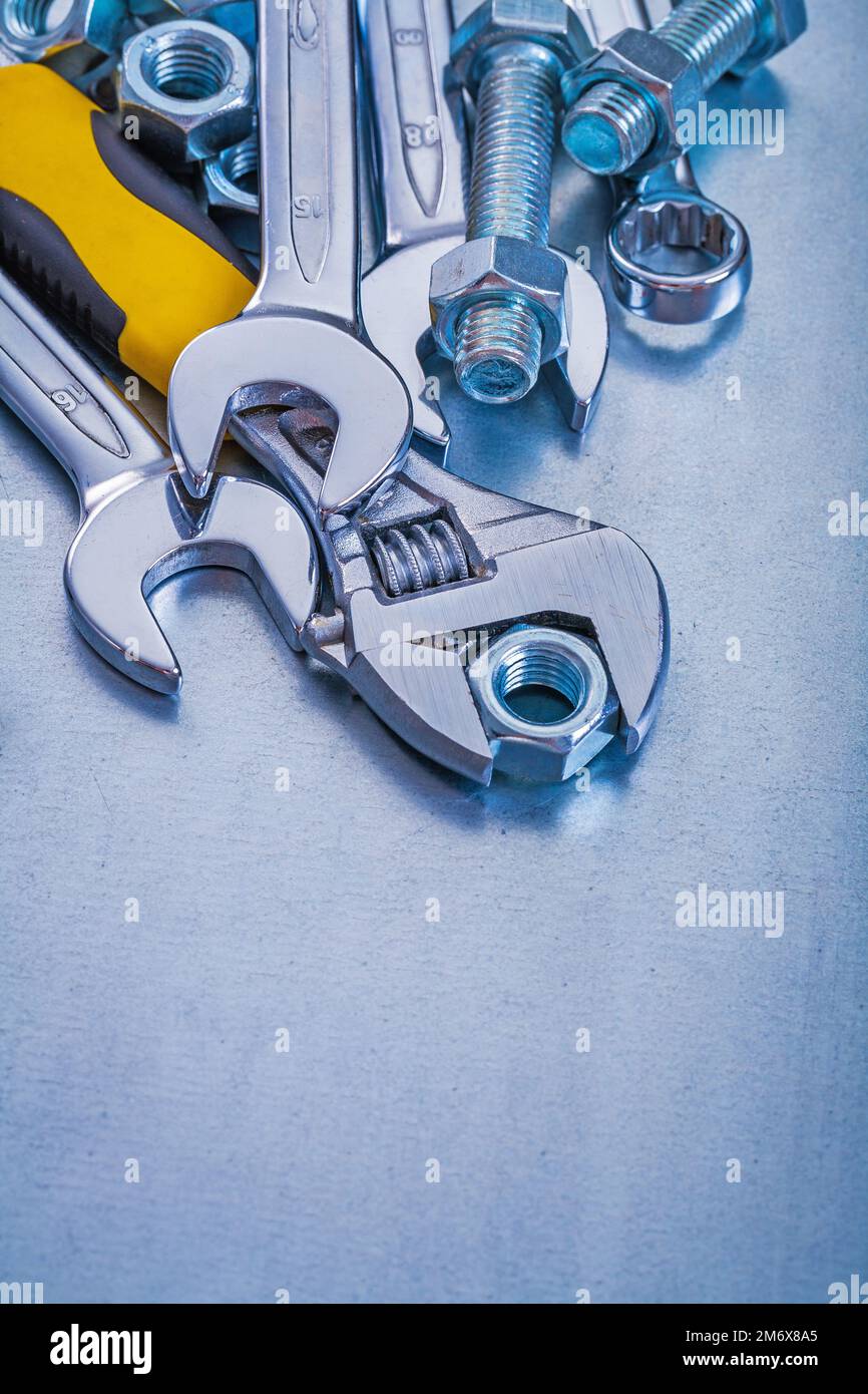 Big set of construction objects on metallic background vertical version ...