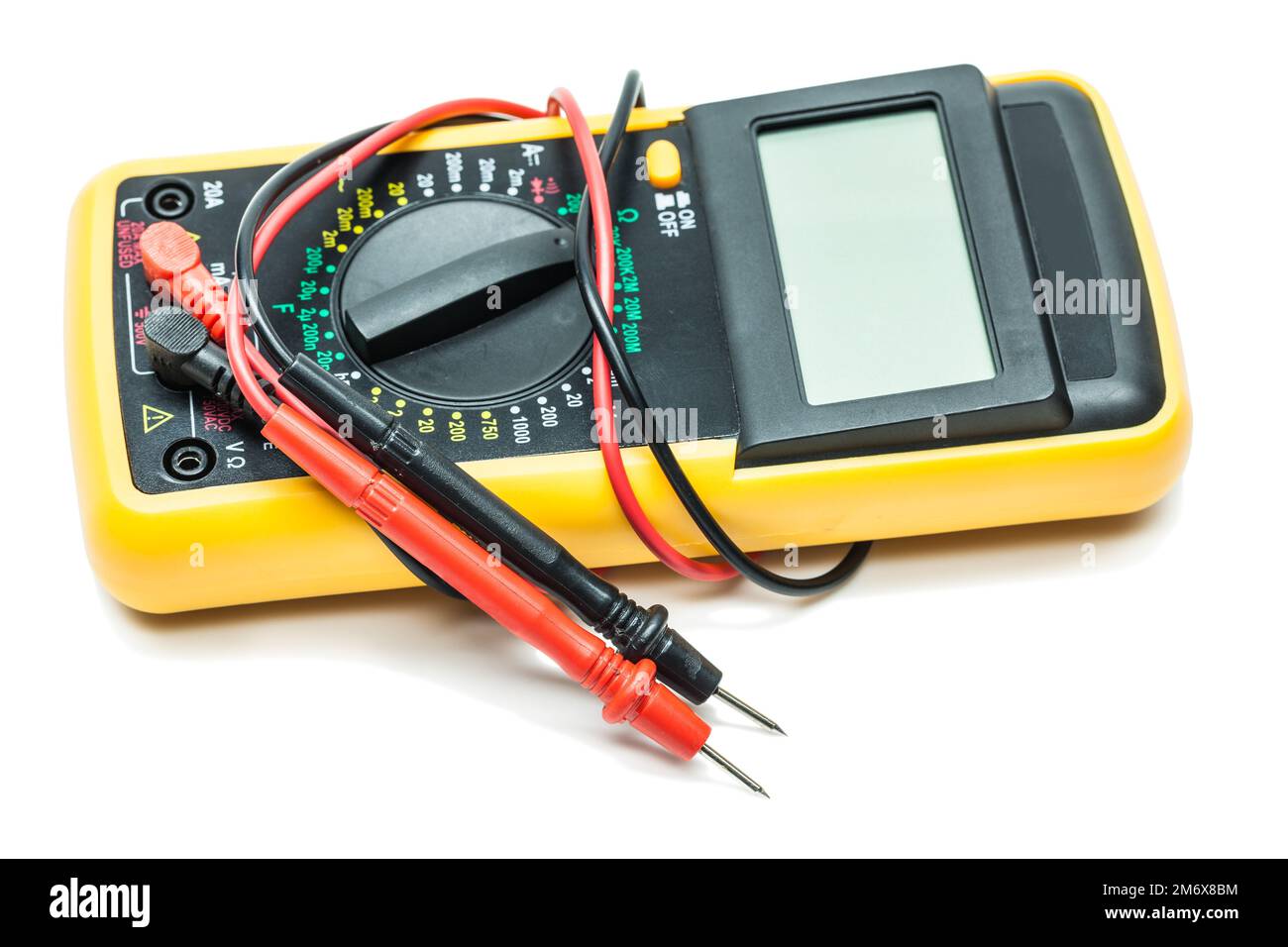 black and yellow electrical multitester isolated on white background ...