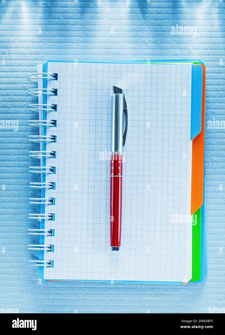 Blank checked notebook biro pen Stock Photo - Alamy