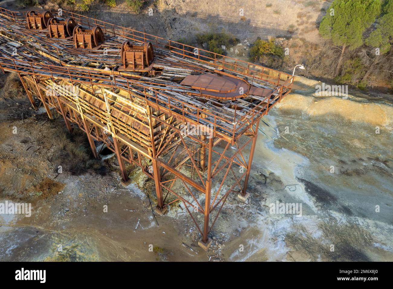 Drone aerial of abandoned copper mine and demolished steel machinery ...