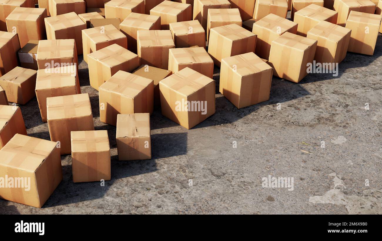 Cardboard boxes, Paper parcel boxes on ground Flat lat. 3D Render ...