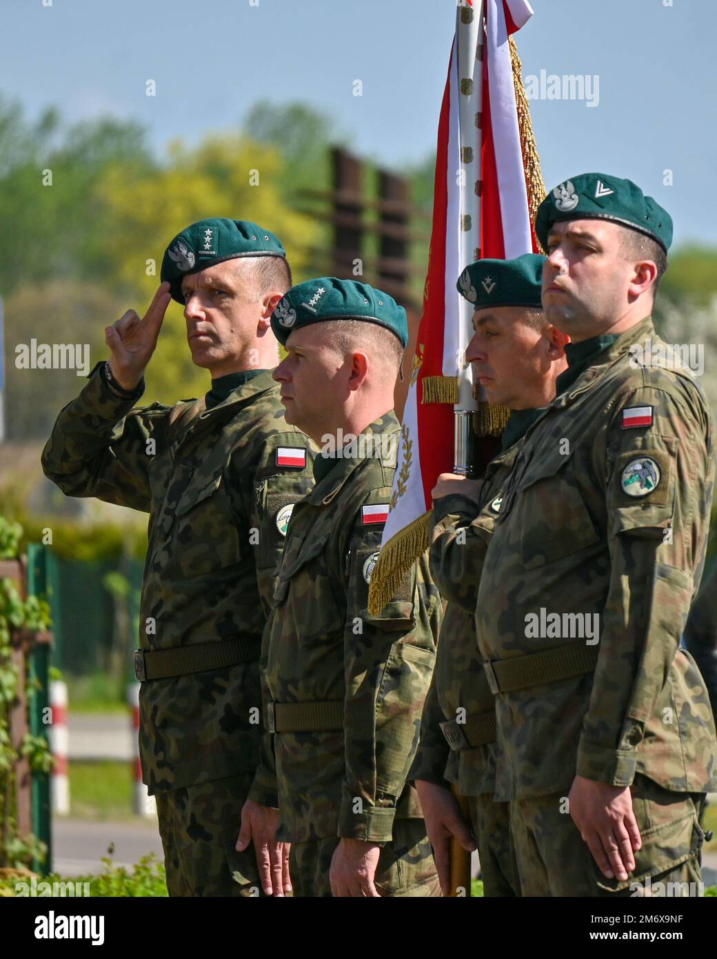 Polish soldiers stand at attention and salute during a Victory Day ...