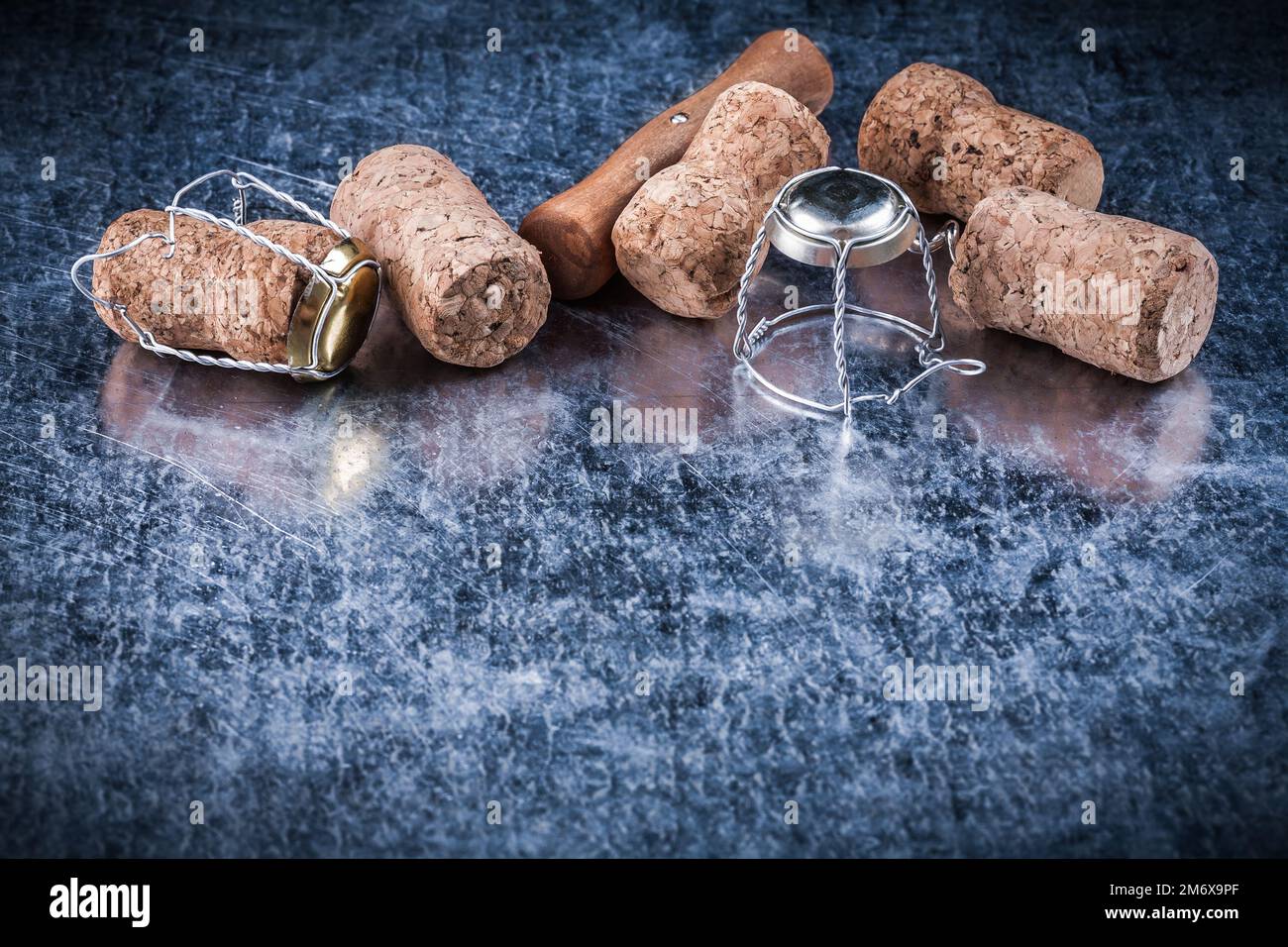 Champagne cork plugs metal twisted wire corkscrew food drink concept ...