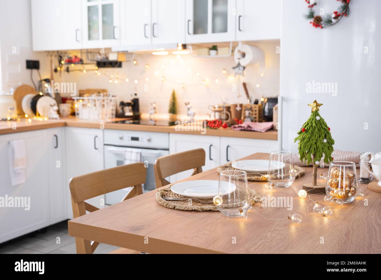 Festive Christmas decor and mess in the light kitchen, festive ...