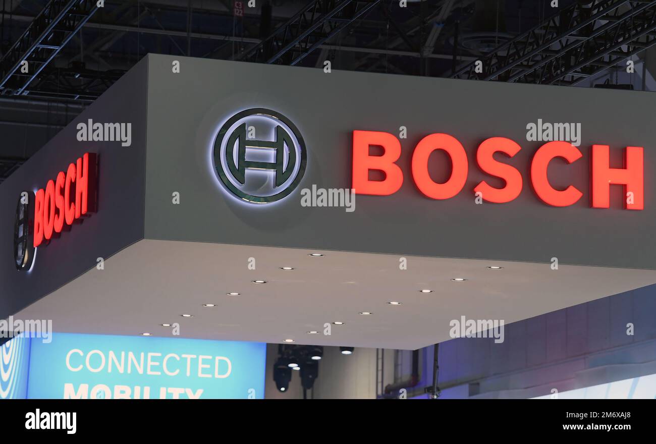Las Vegas, NV on January 5, 2023. A Bosch sign is displayed during CES ...