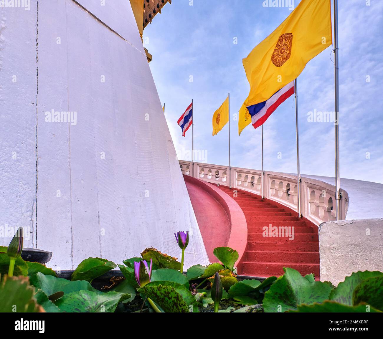 Thai national, buddhism and Thai Royal flags at red staircase and ...