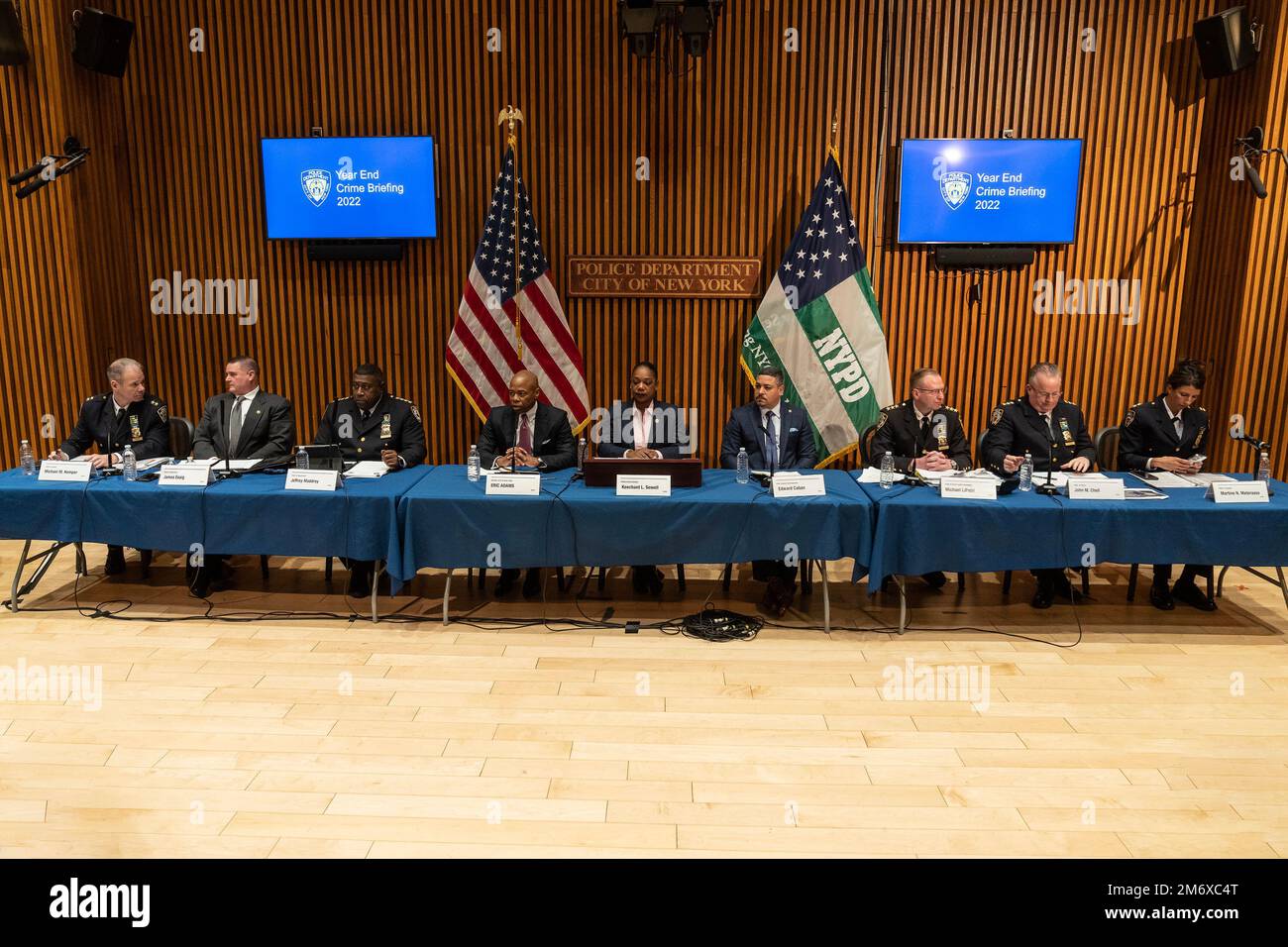Mayor Eric Adams (4th from left) speaks during 2022 year end crime ...