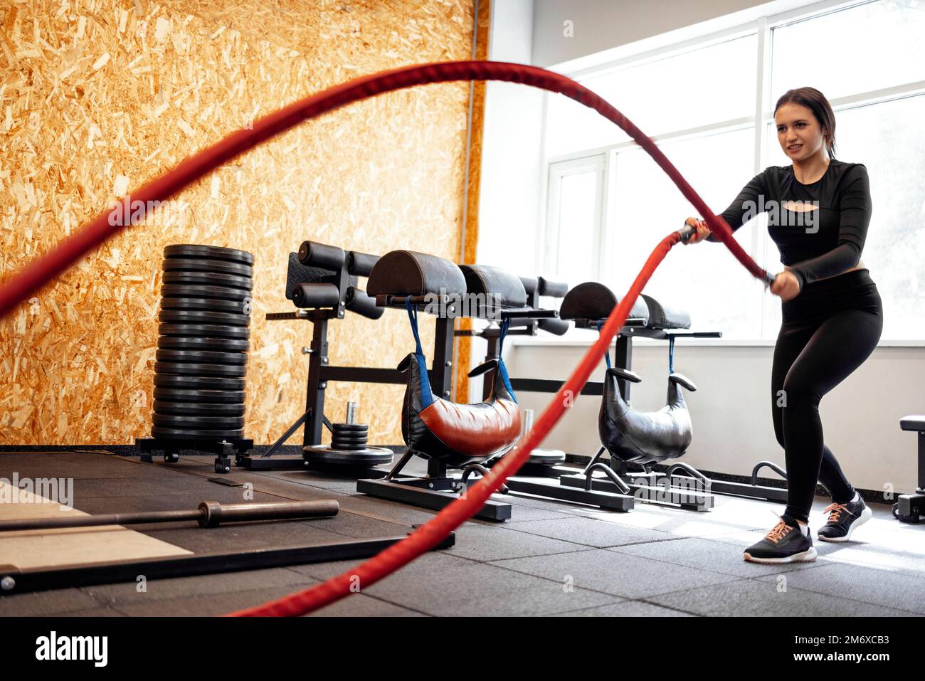Attractive young slim and fit sportswoman working out in the gym for ...