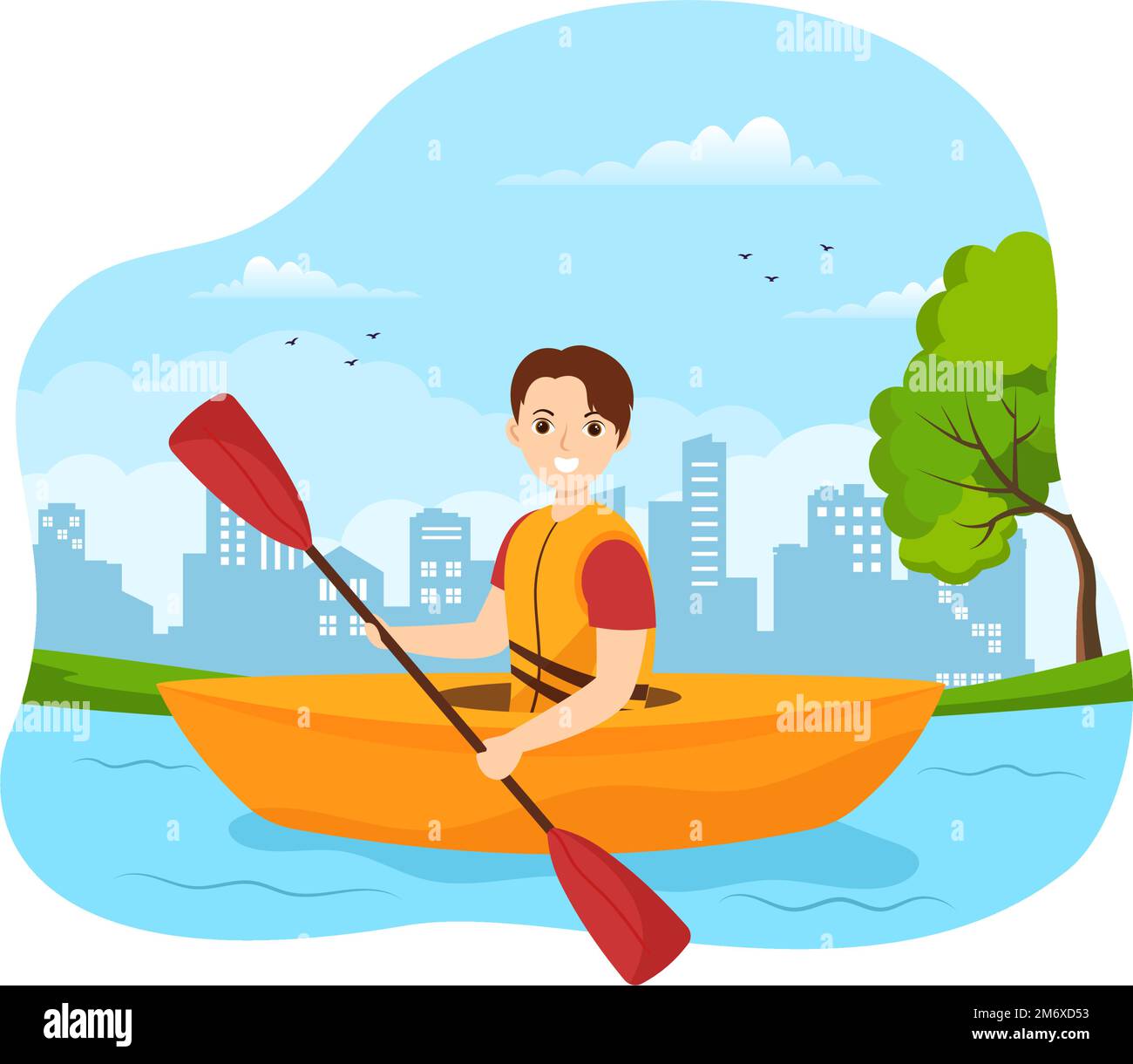 People Enjoying Rowing Illustration with Canoe and Sailing on River or ...