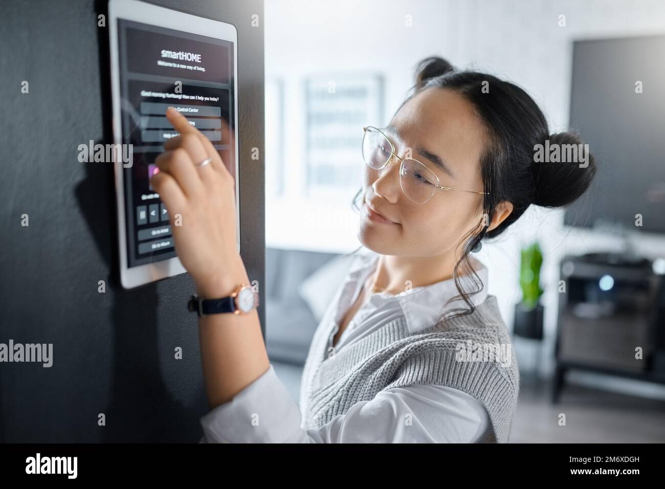 User interface, technology and Asian woman with security password in ...