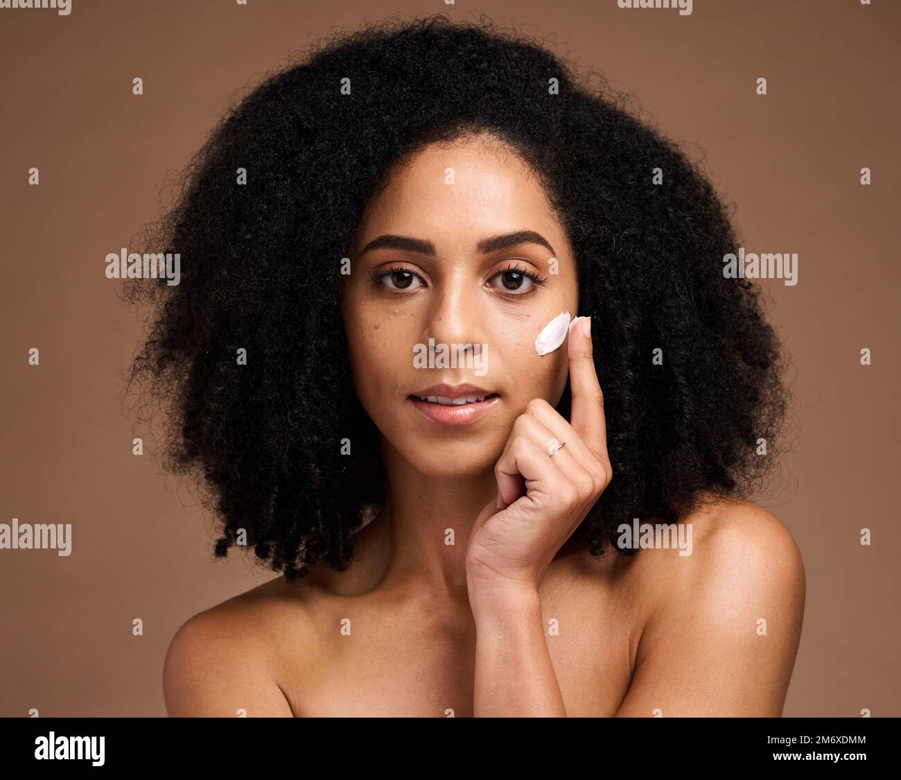 Skincare, cream and black woman in portrait for facial, beauty and ...