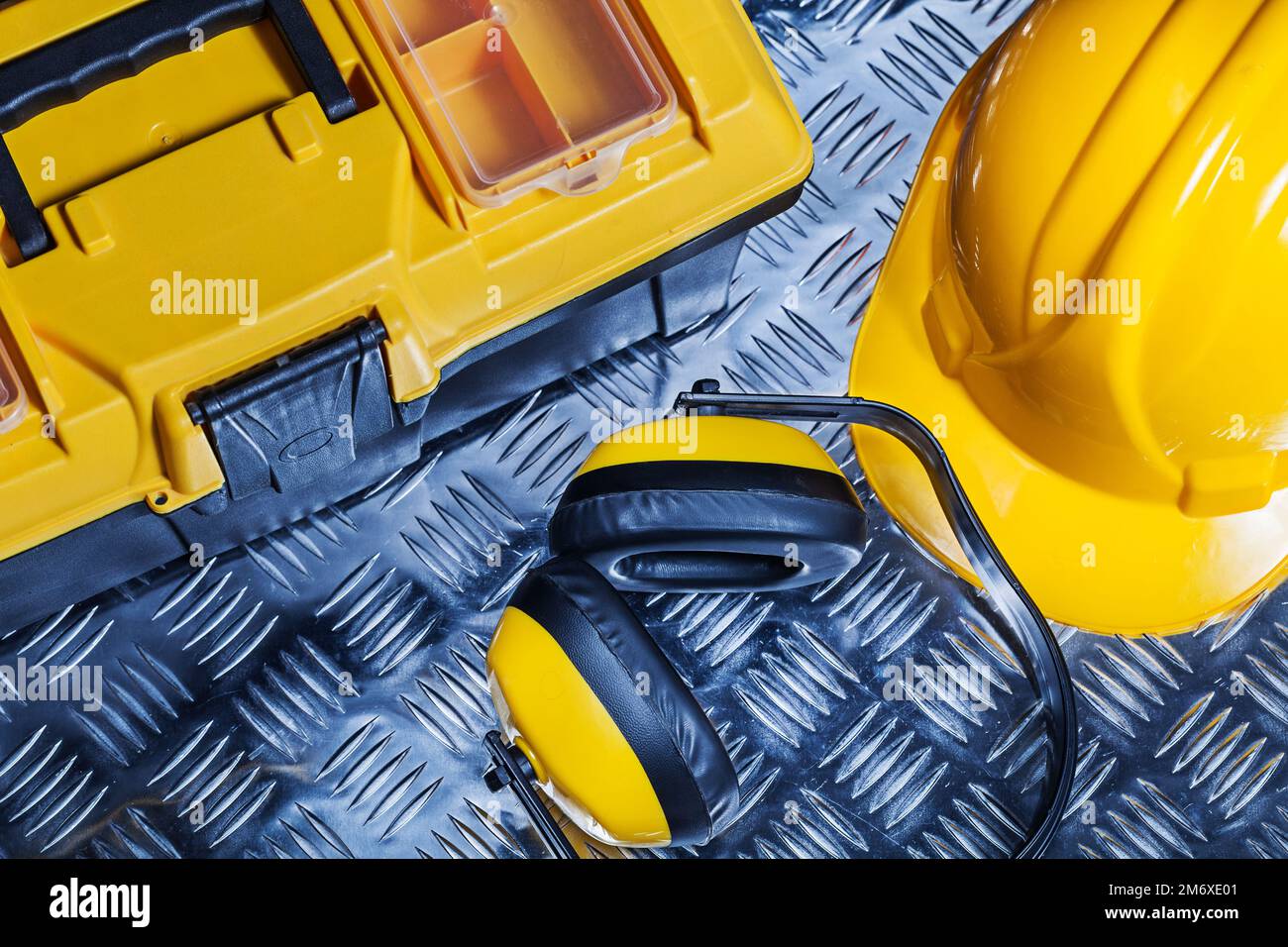 eraphones helmet tool box on corrugated sheet of metal Stock Photo - Alamy