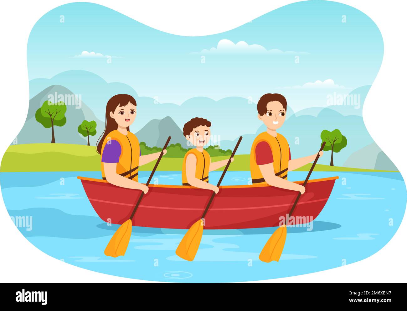 People Enjoying Rowing Illustration with Canoe and Sailing on River or ...