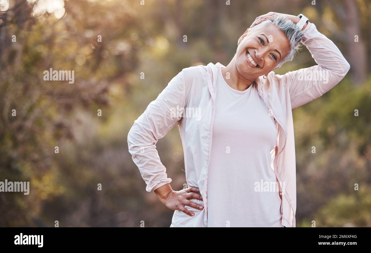 Fitness, portrait and woman stretching neck for park exercise, running ...