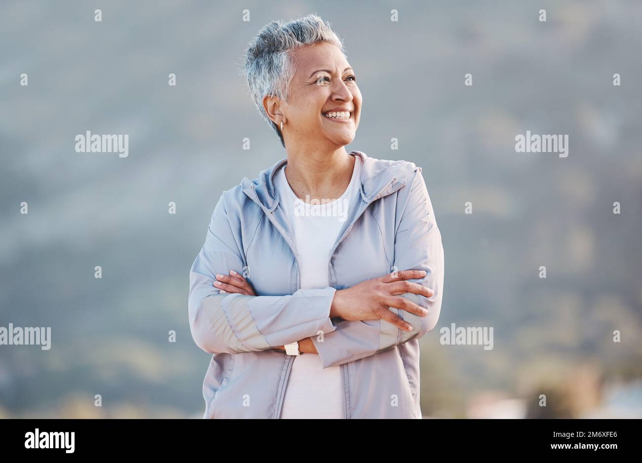 Senior woman, fitness exercise and relax outdoor for calm vision ...