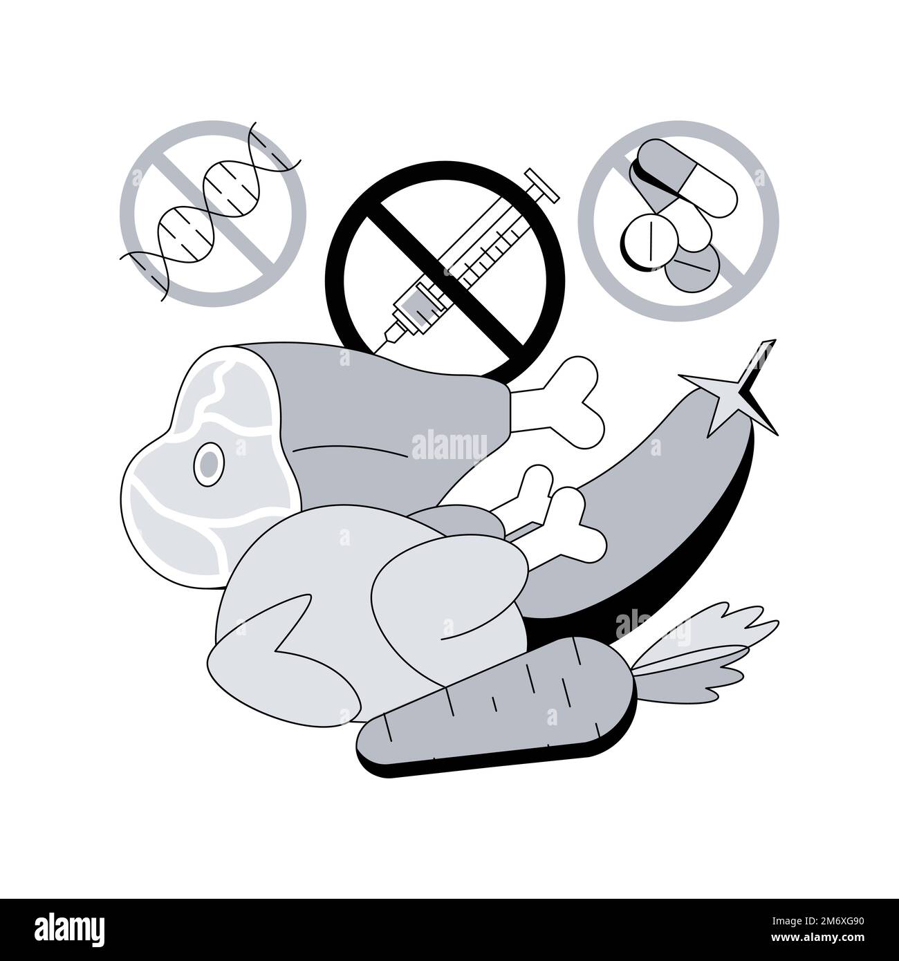 Free from antibiotics hormones GMO foods abstract concept vector illustration. Organic products ...