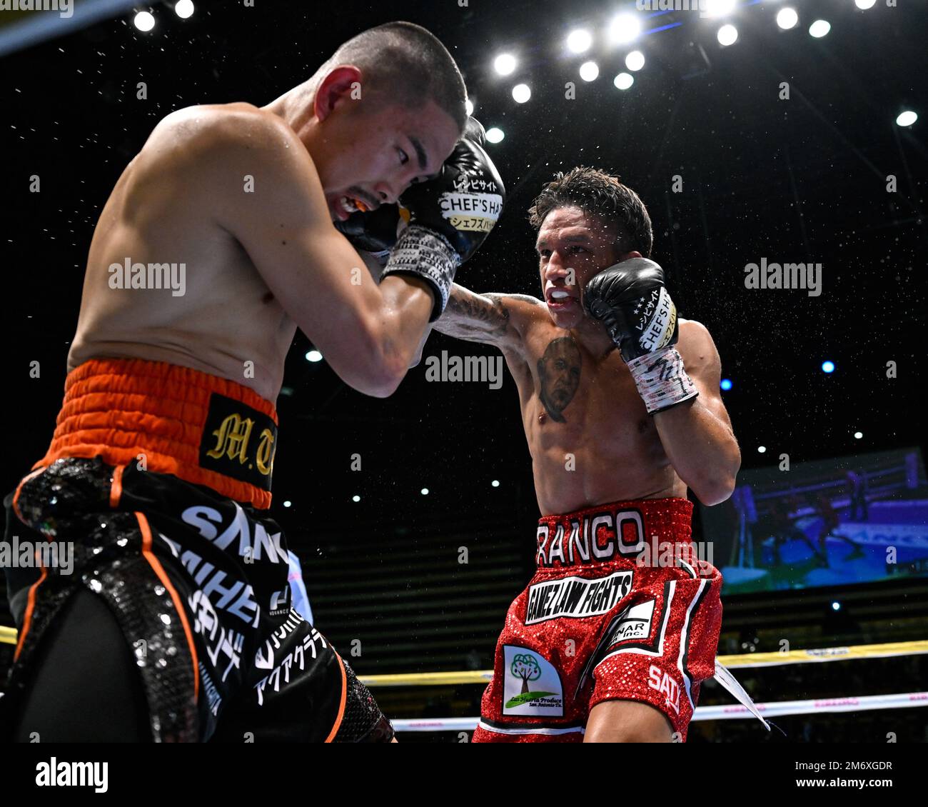 WBO super flyweight champion Kazuto Ioka of Japan (L) and WBA champion Joshua Franco of the ...