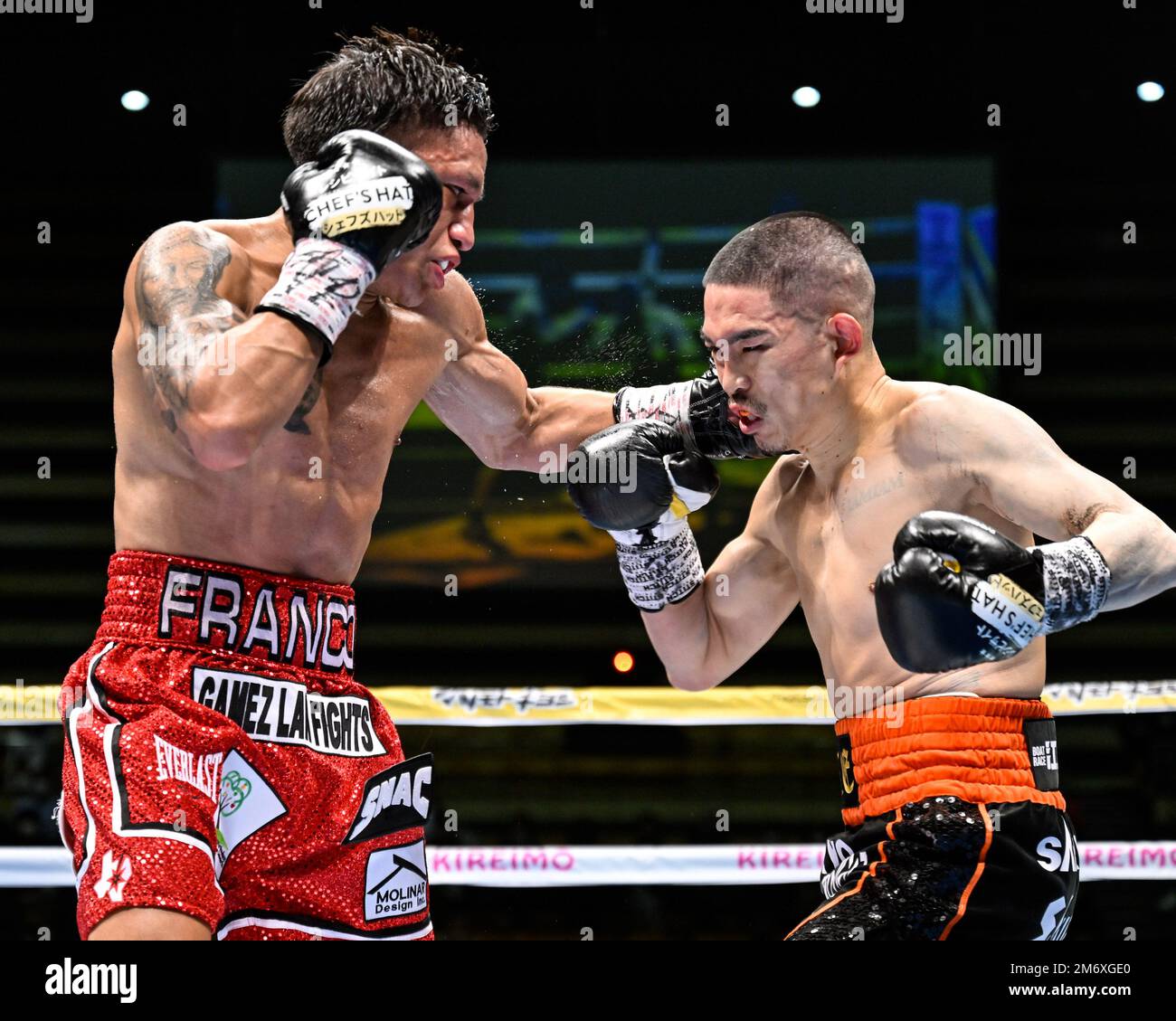 WBO super flyweight champion Kazuto Ioka of Japan (R) and WBA champion Joshua Franco of the ...